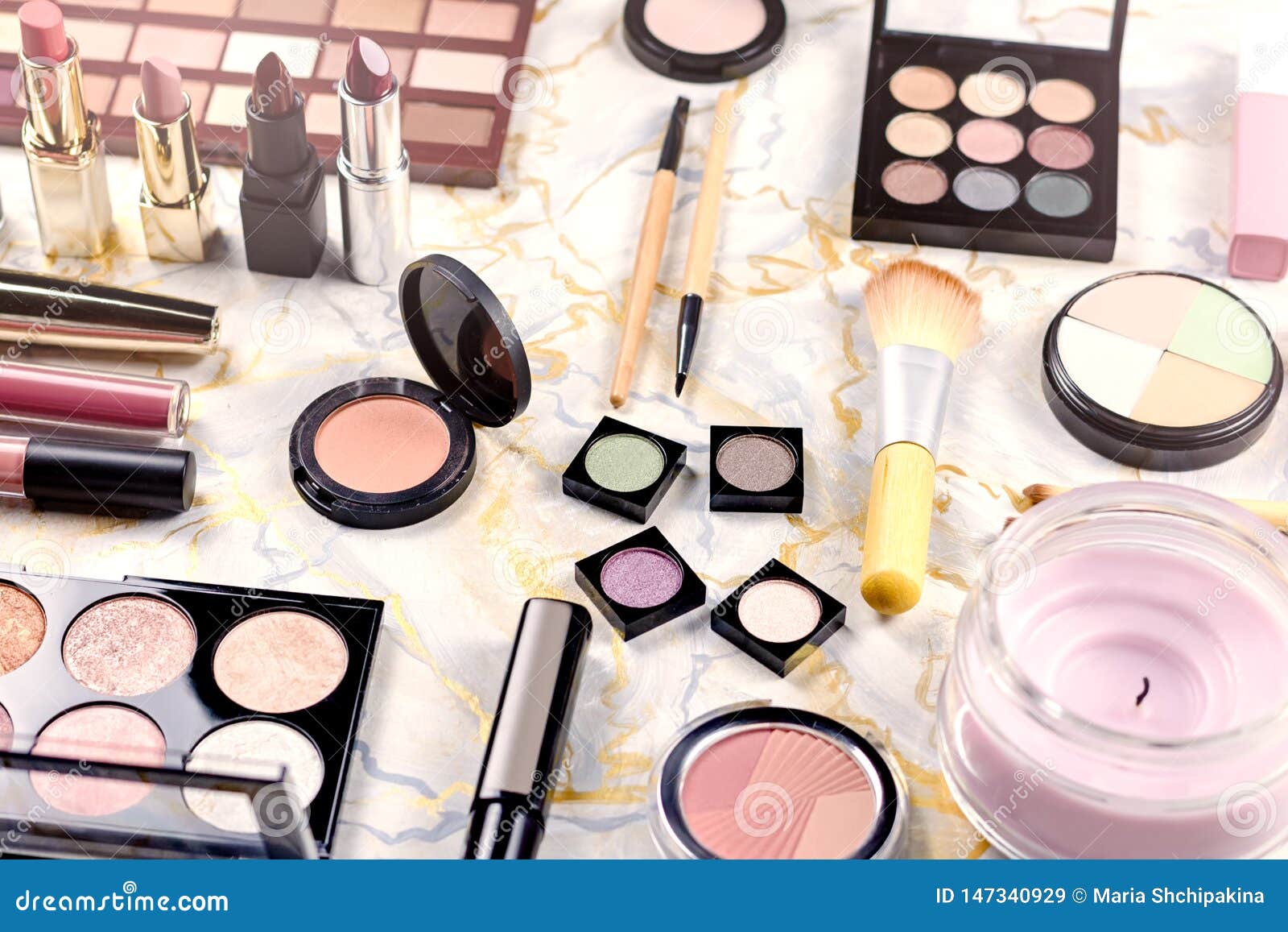 Various Makeup Products on Table, Flat Design. Woman Cosmetic ...