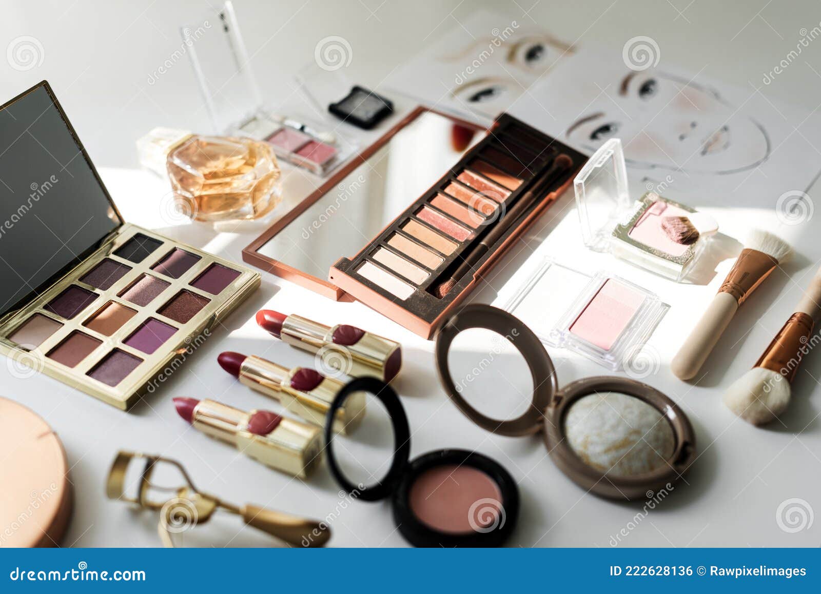 Various Makeup Products on White Table Stock Photo - Image of girly ...