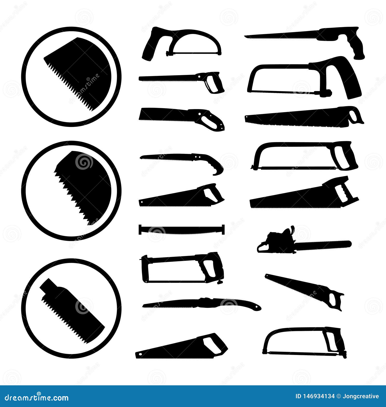 Various Manual Saw and Chainsaw Construction Tool Silhouette Stock ...