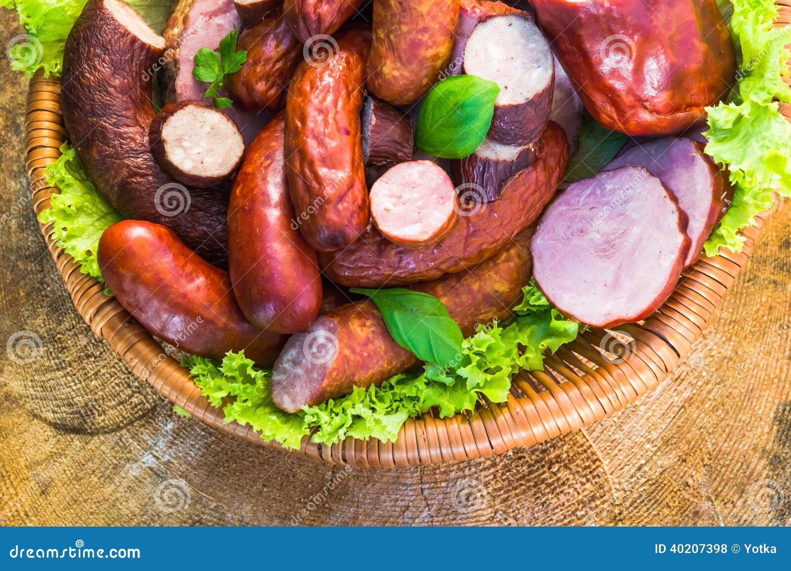 Various Meat Sausage Basket Wooden Table Background Stock Photo - Image ...