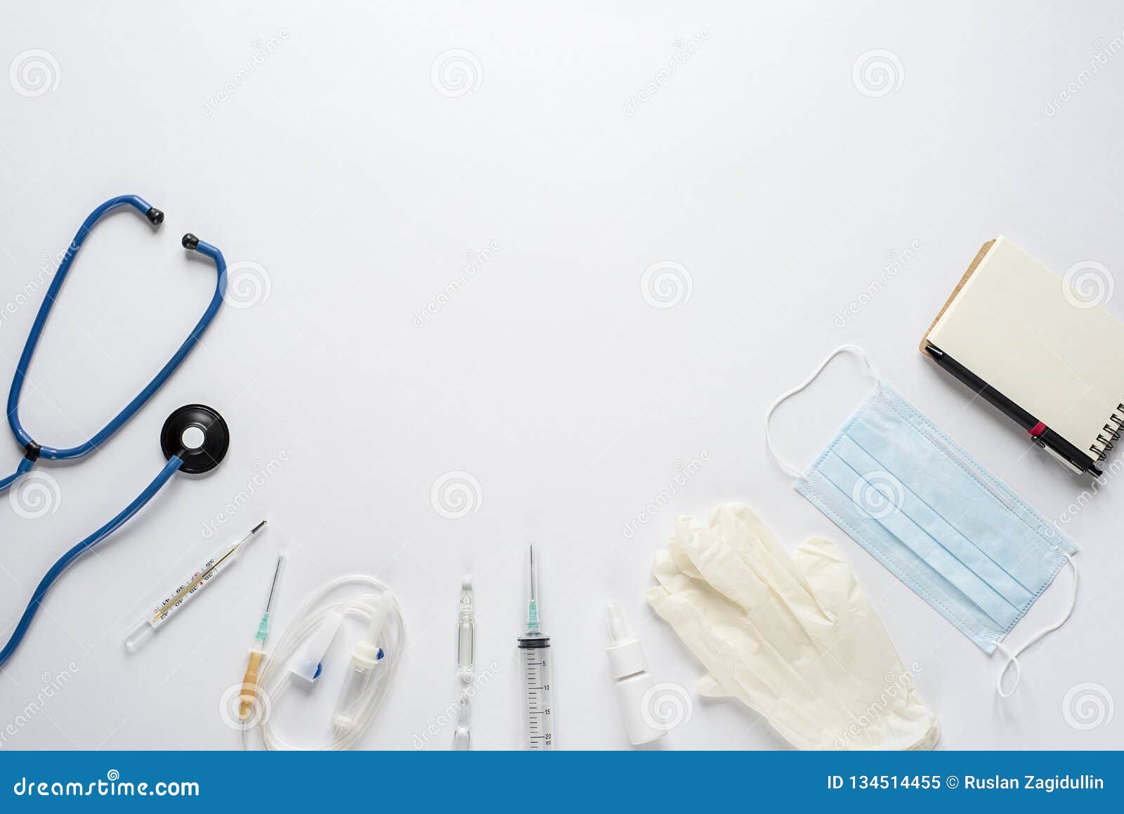 Various Medical Equipment and Notepad on White Background. the View ...