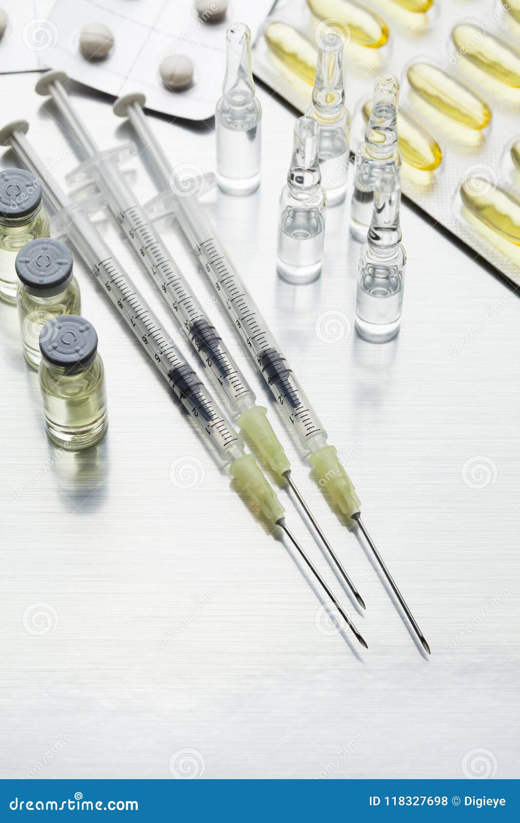 Various Medications As Injections and Tablets on Steel Background Stock ...