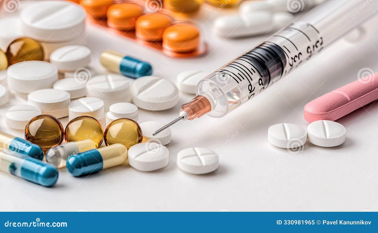 Various Medications Including Pills and Syringe on White Surface Stock ...