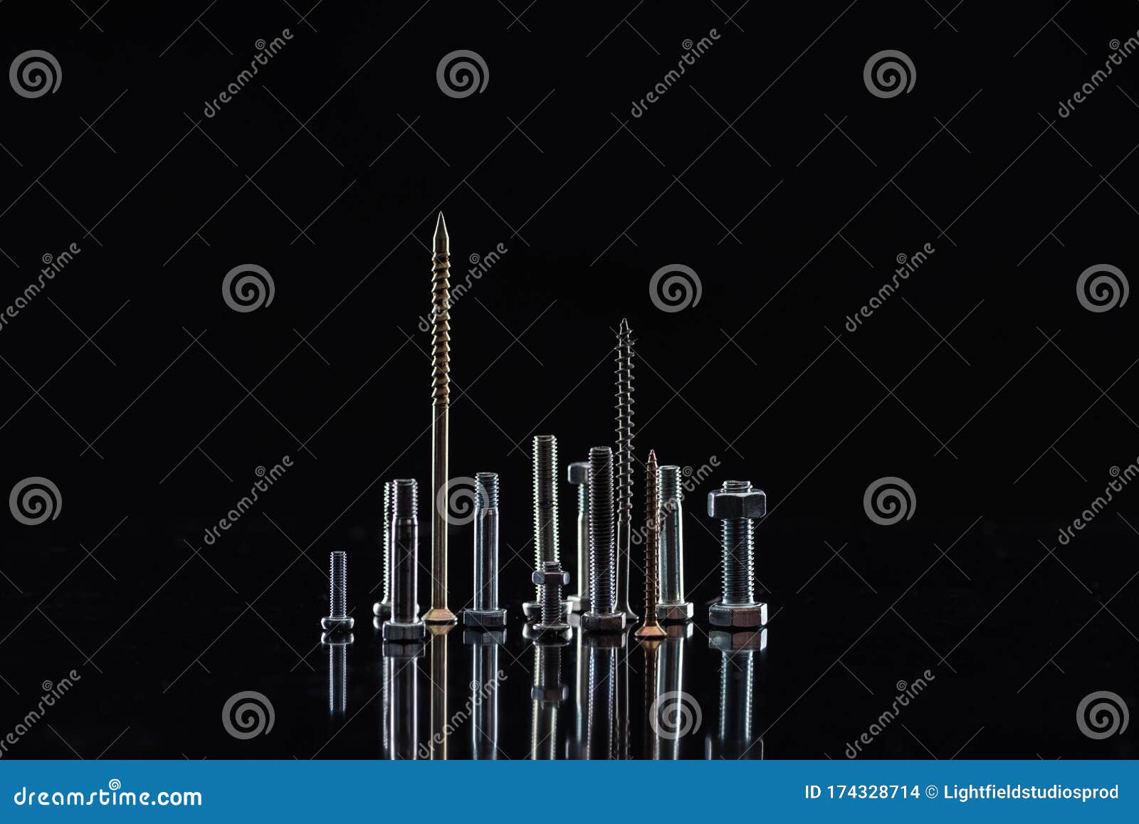 Various Metallic Screws Isolated on Black with Copy Space. Stock Photo ...