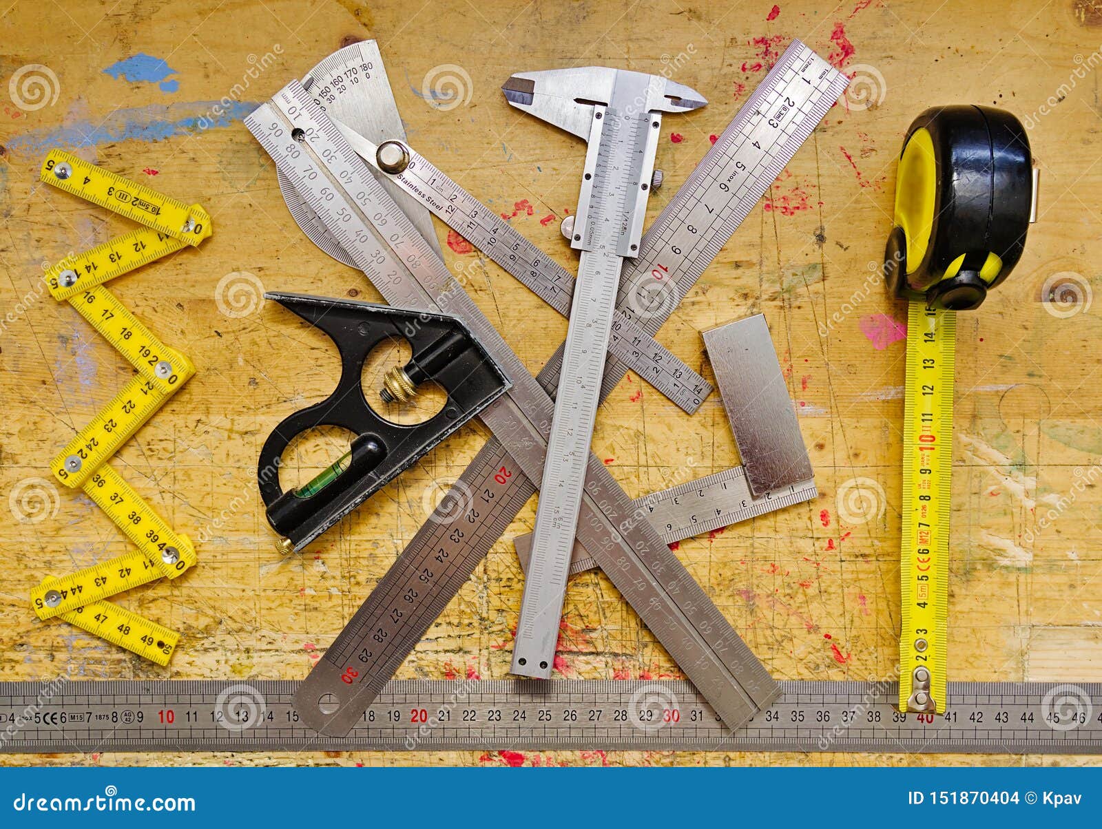 Various Metering Tools on Wooden Surface Stock Photo - Image of metal ...