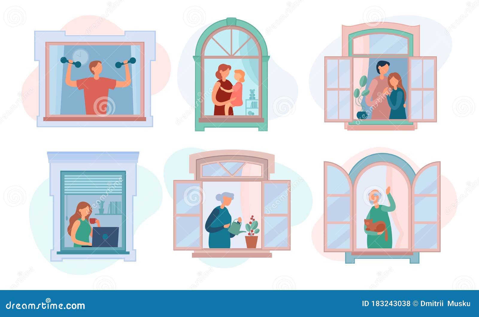 Various Modern People in Windows at Home Stock Illustration ...