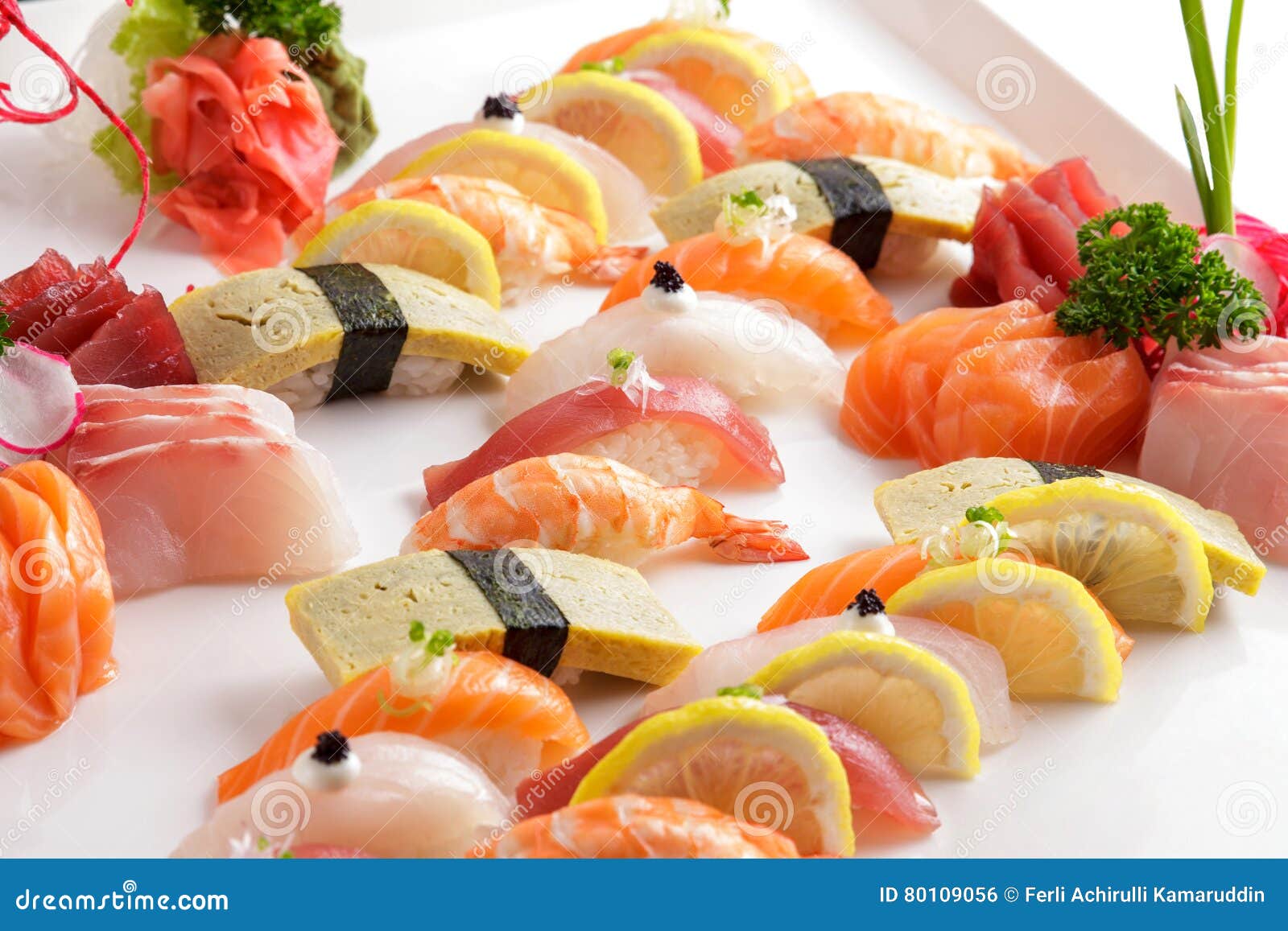 Various of Nigiri Sushi on White Plate Stock Photo - Image of japan ...