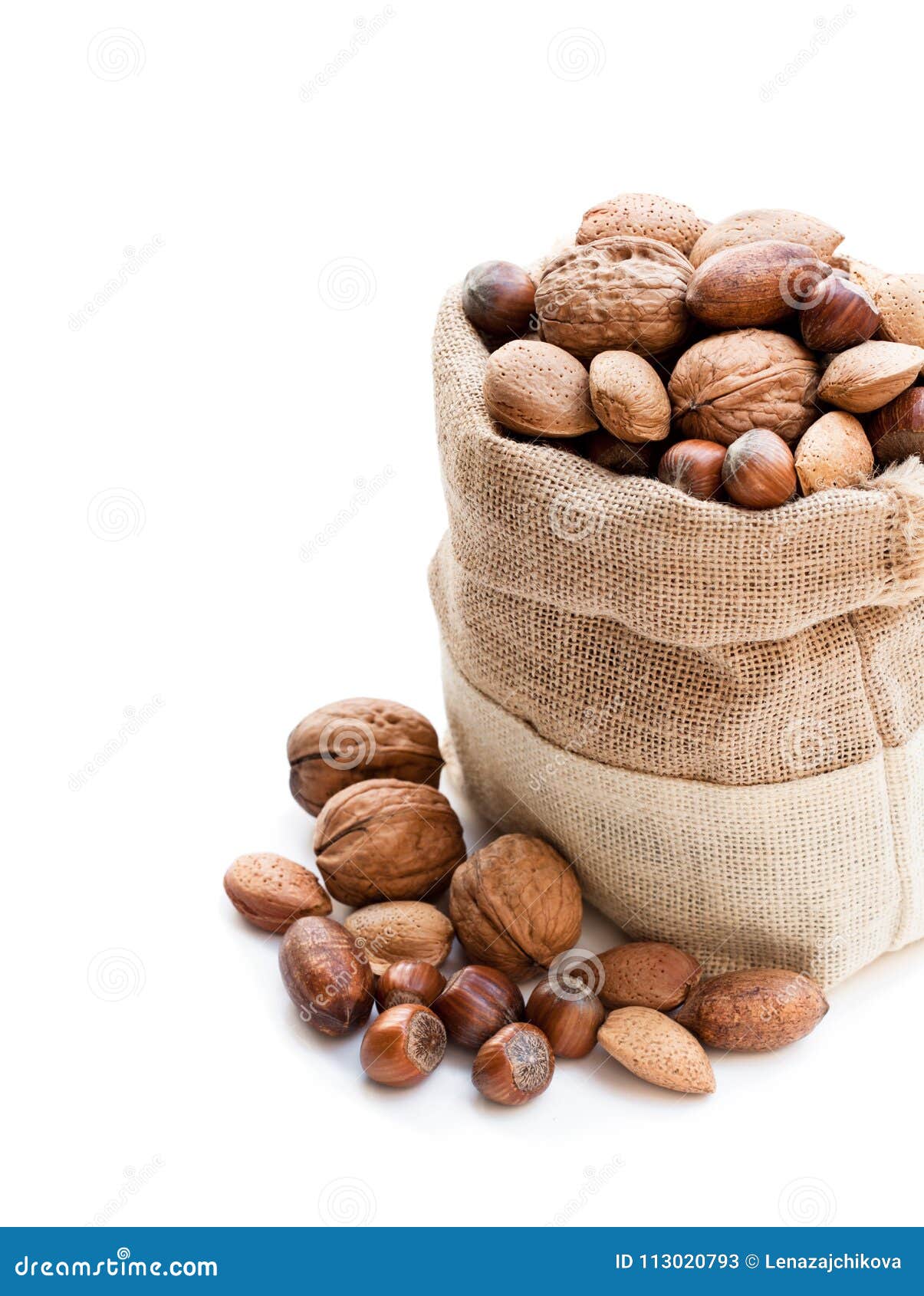 Various Nuts in Sackcloth Bag Isolated on White Stock Image - Image of ...