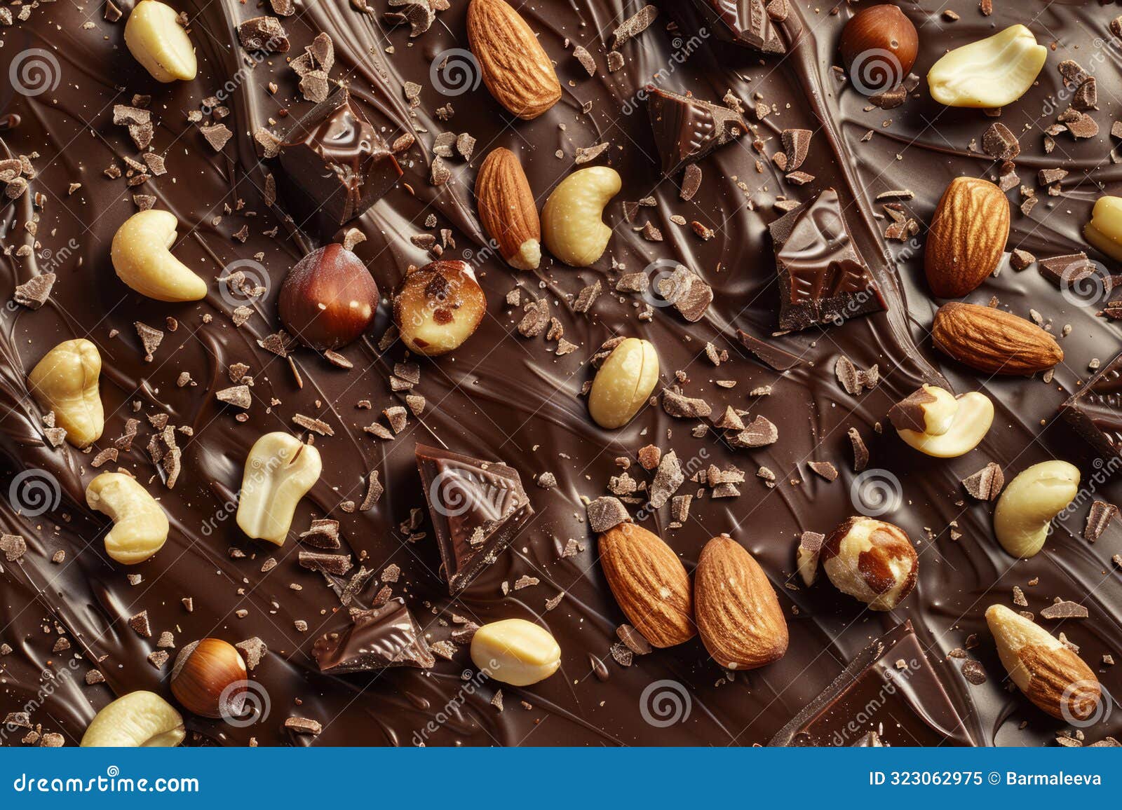 Various Nuts Scattered Over Melted Chocolate. Texture of Chocolate ...