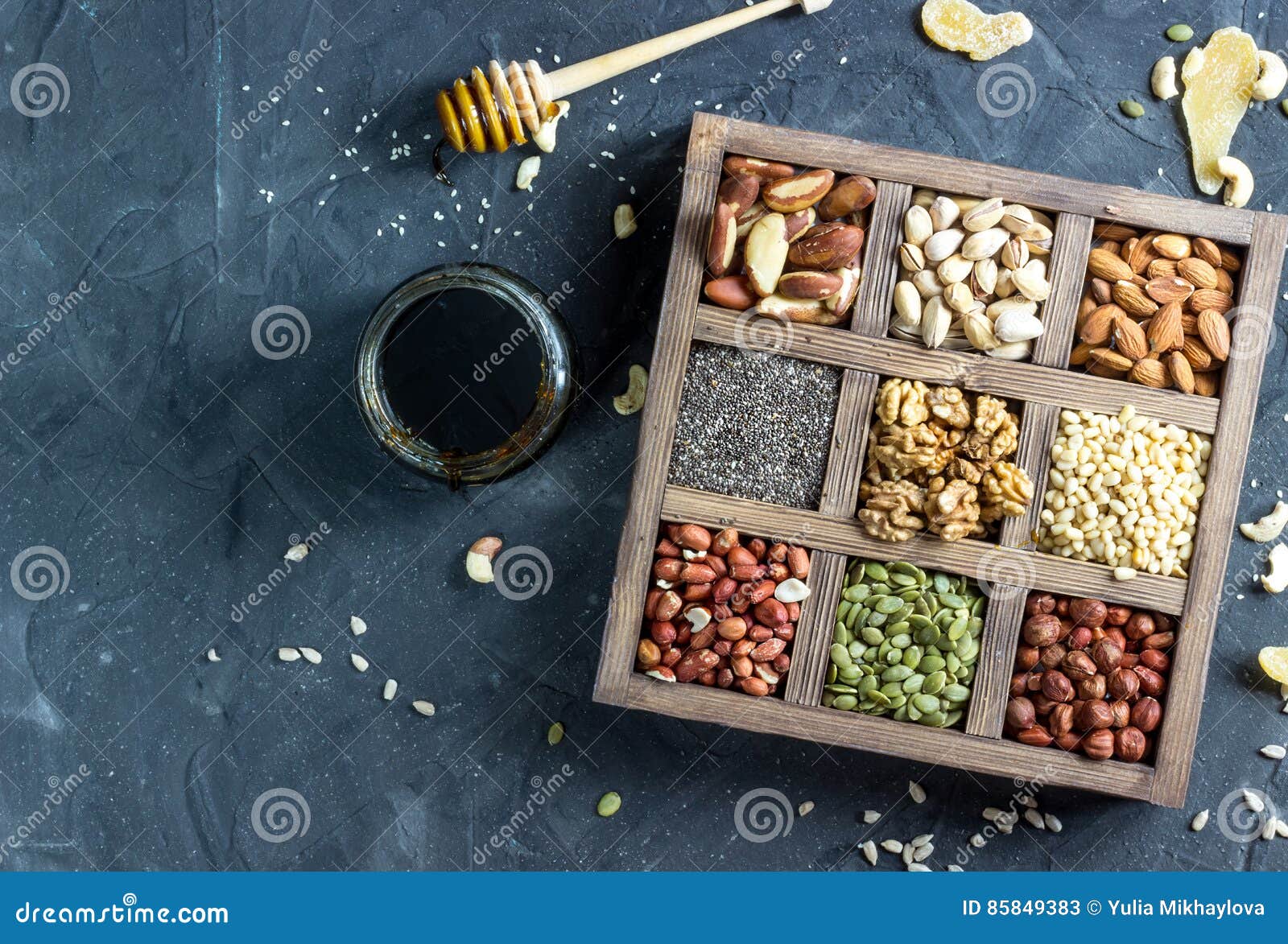 Various Nuts and Seeds in a Wooden Box Stock Image - Image of brown ...
