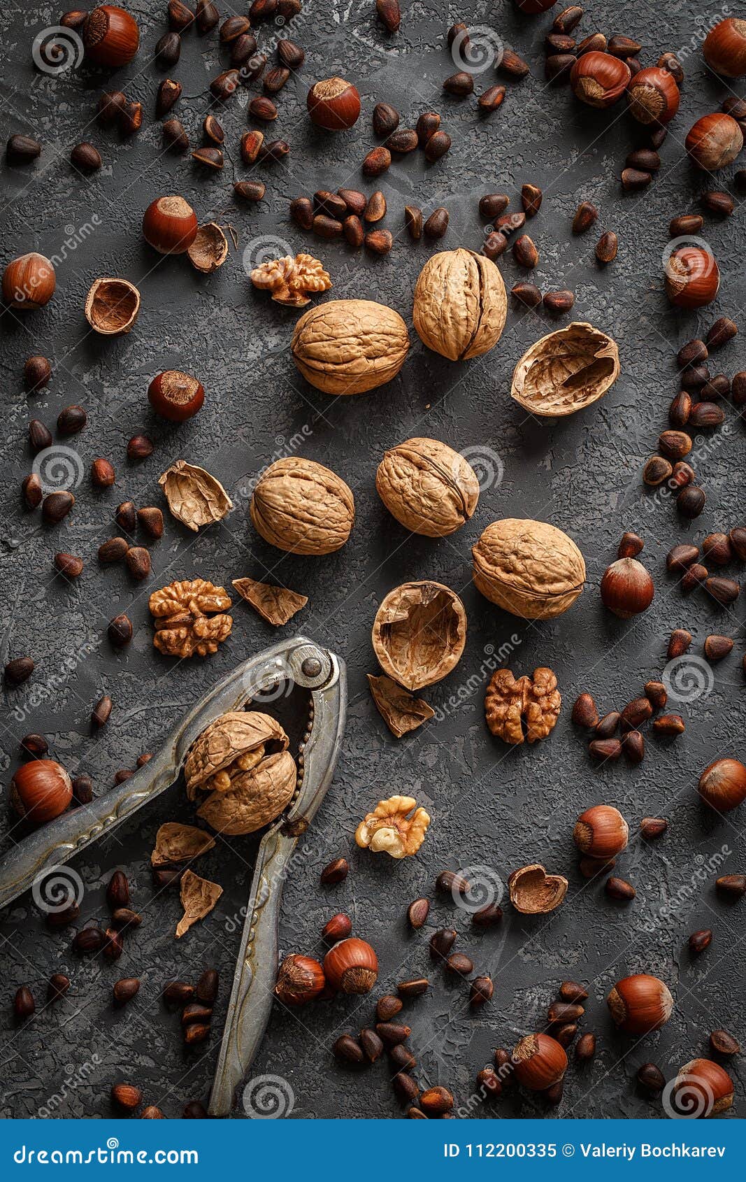 Various Nuts on Stone Table. Top View with Copy Space Stock Image ...
