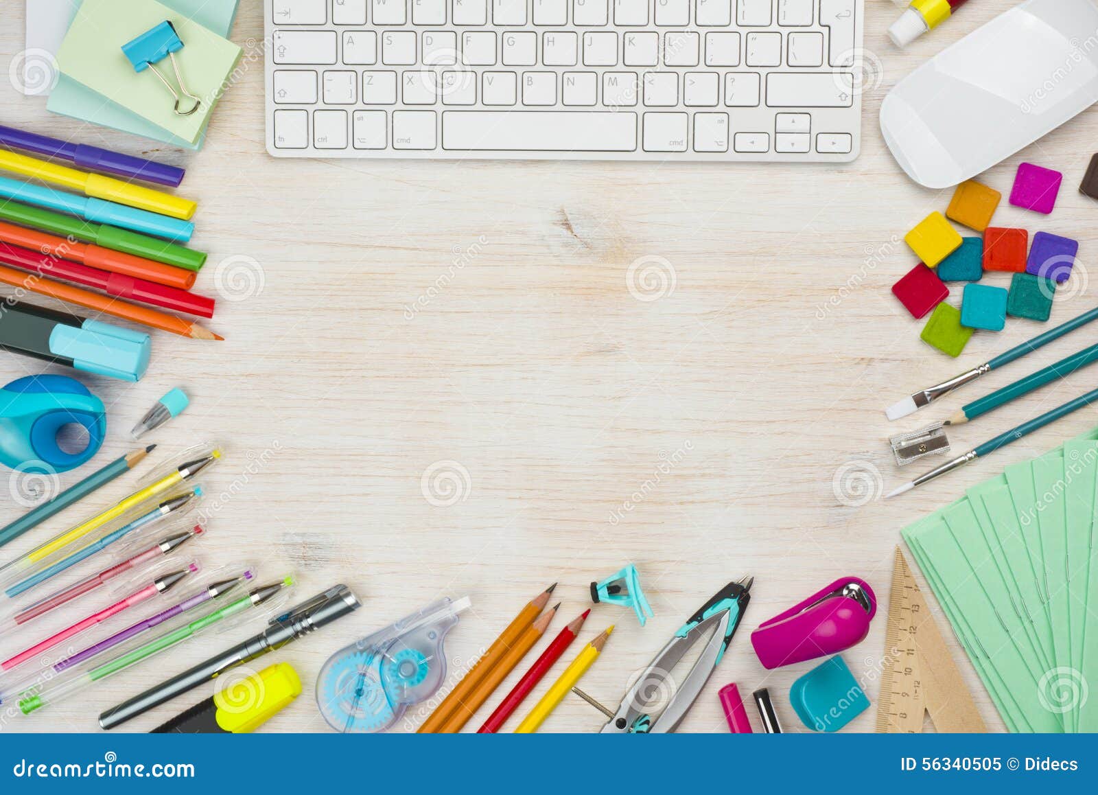 Various Office Supplies Background with Copy Space in the Middle Stock ...