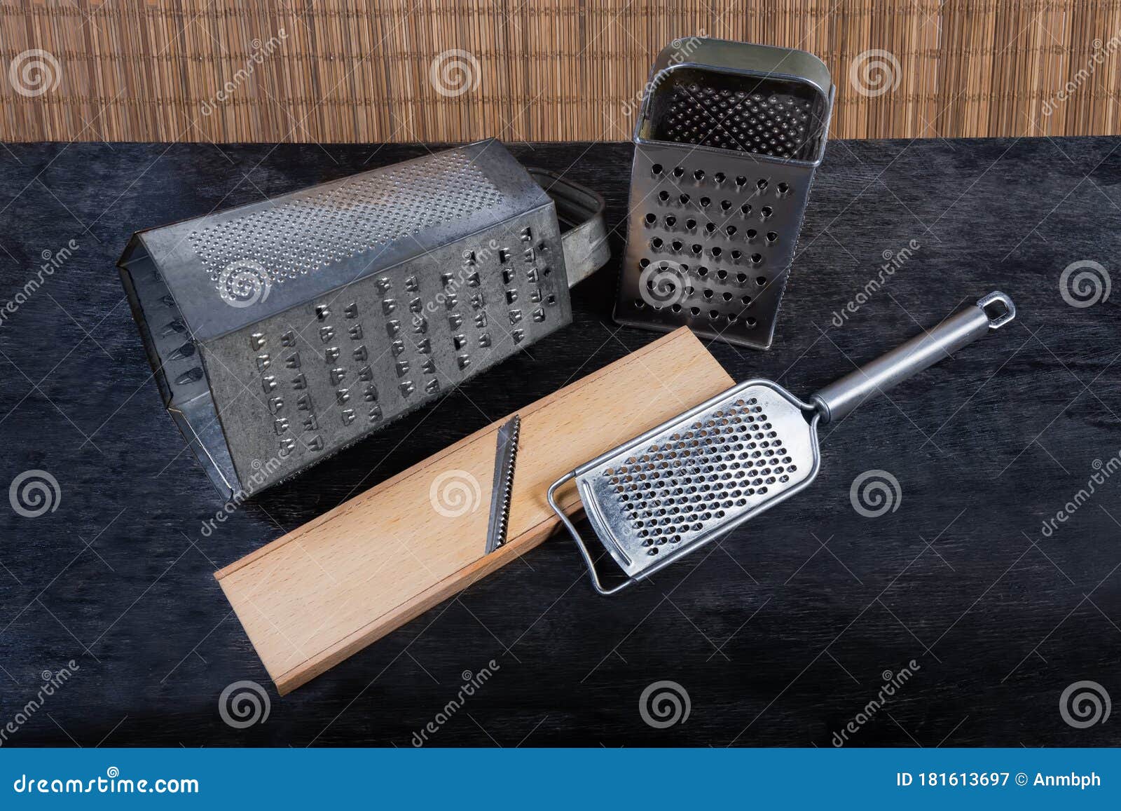 Various Old Kitchen Graters on the Black Surface Stock Image - Image of ...