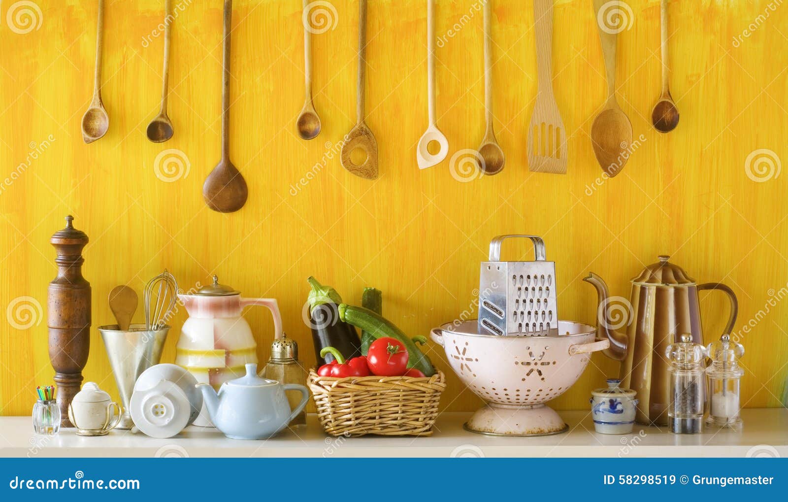 Various Old Kitchen Utensils and Vegetables Stock Image - Image of salt ...