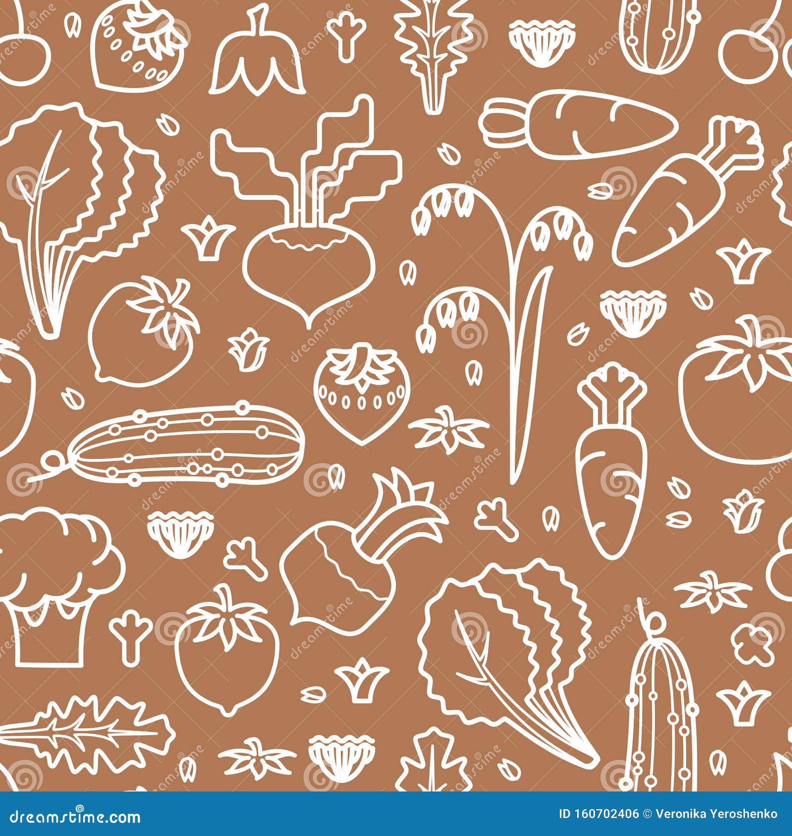 Various Outline Vegetables Isolated on Brown Background. Seamless ...