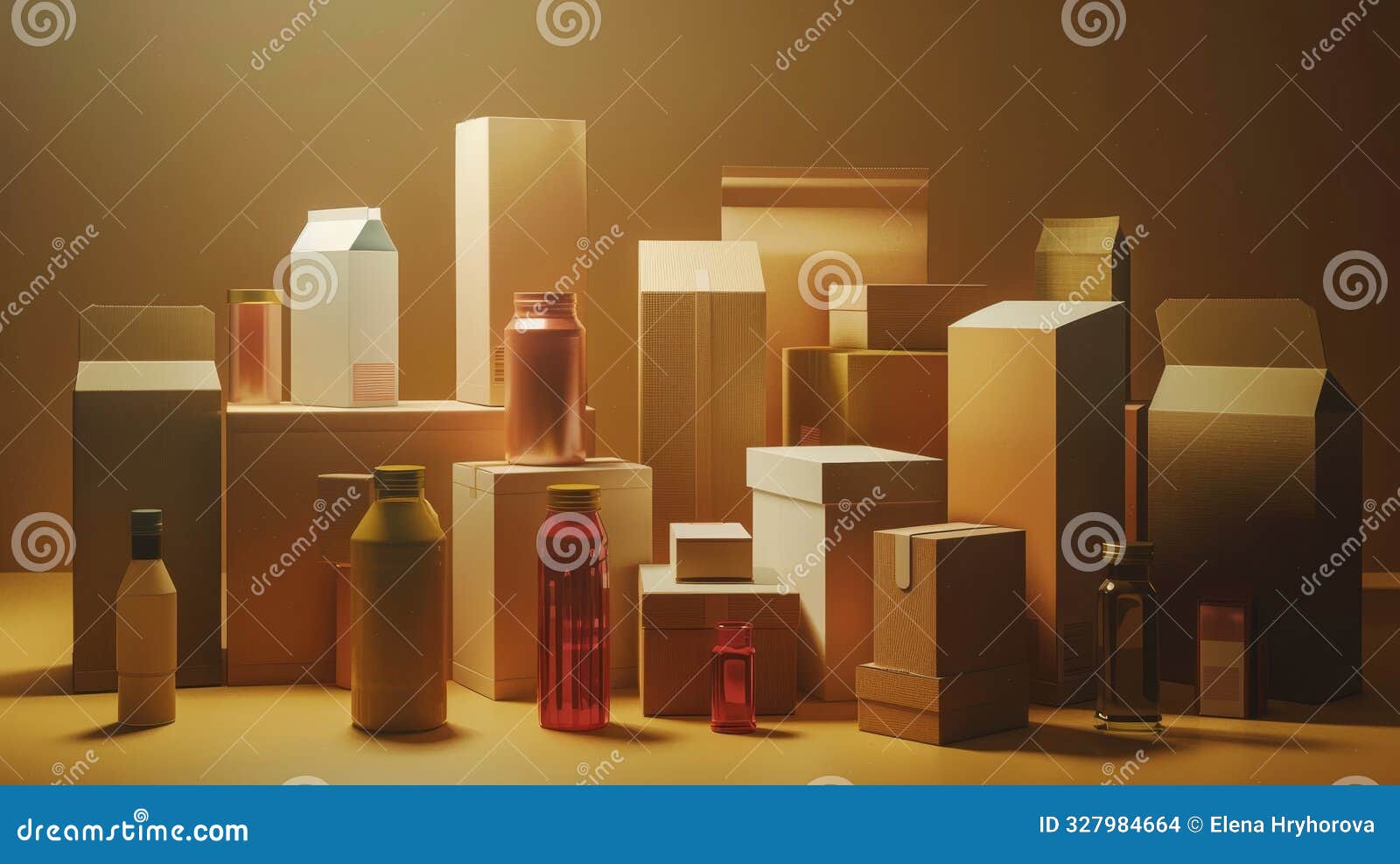 Various Packaging Boxes and Bottles Arranged Under Warm Lighting ...