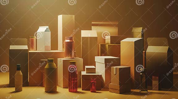 Various Packaging Boxes and Bottles Arranged Under Warm Lighting ...