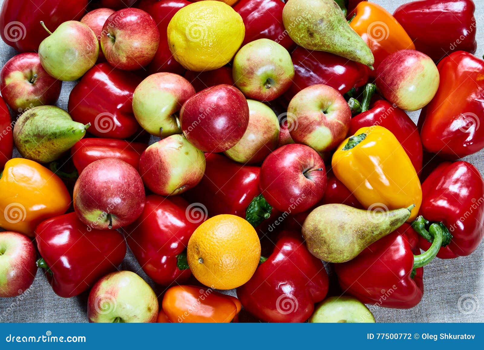 Various Paprika, Orange, Pear, Apple on a Gray Canvas Stock Photo ...