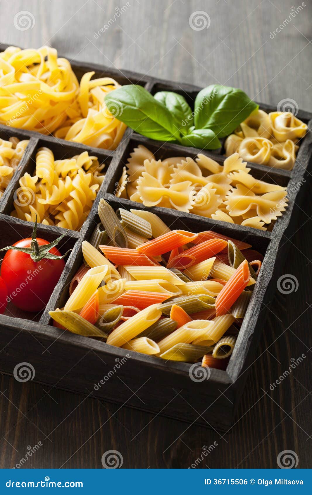 Various Pasta in Black Wooden Box Stock Photo - Image of kitchen ...