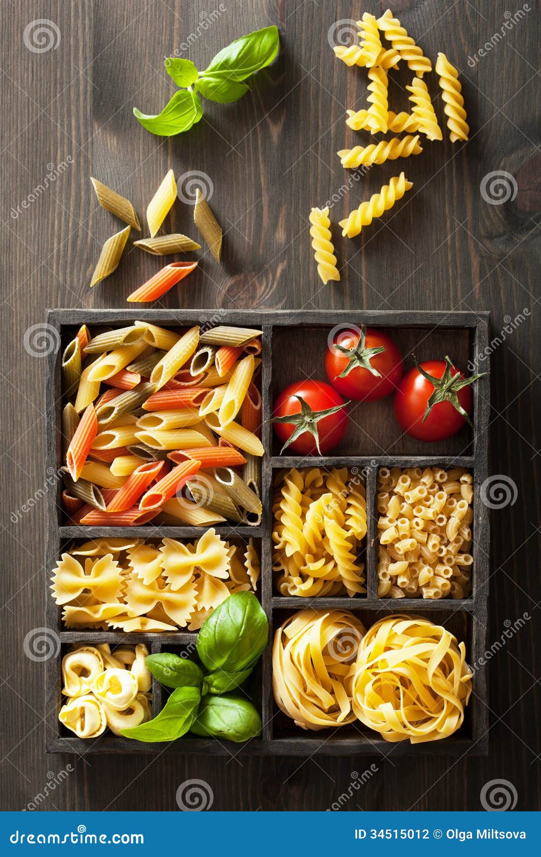 Various Pasta in Black Wooden Box Stock Photo - Image of ingredient ...