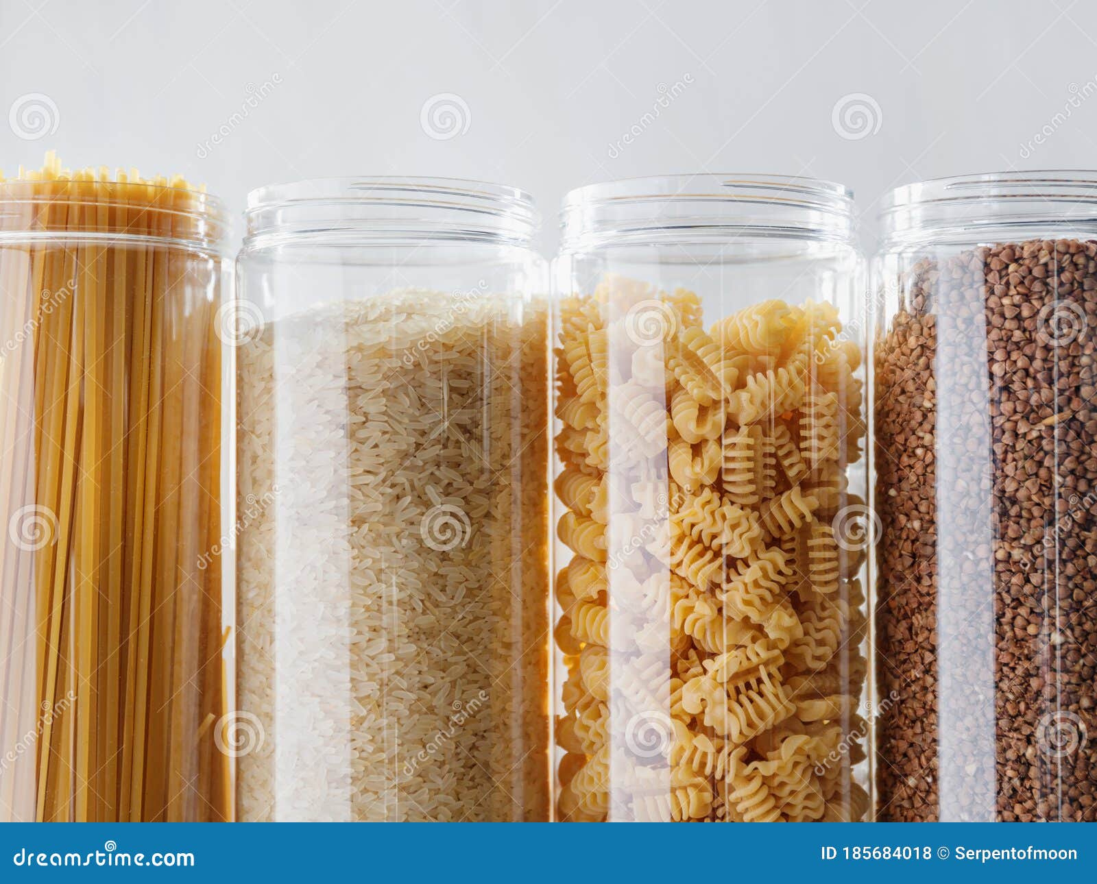 Various Pasta in Plastic Jars for a Long Storage Stock Photo - Image of ...