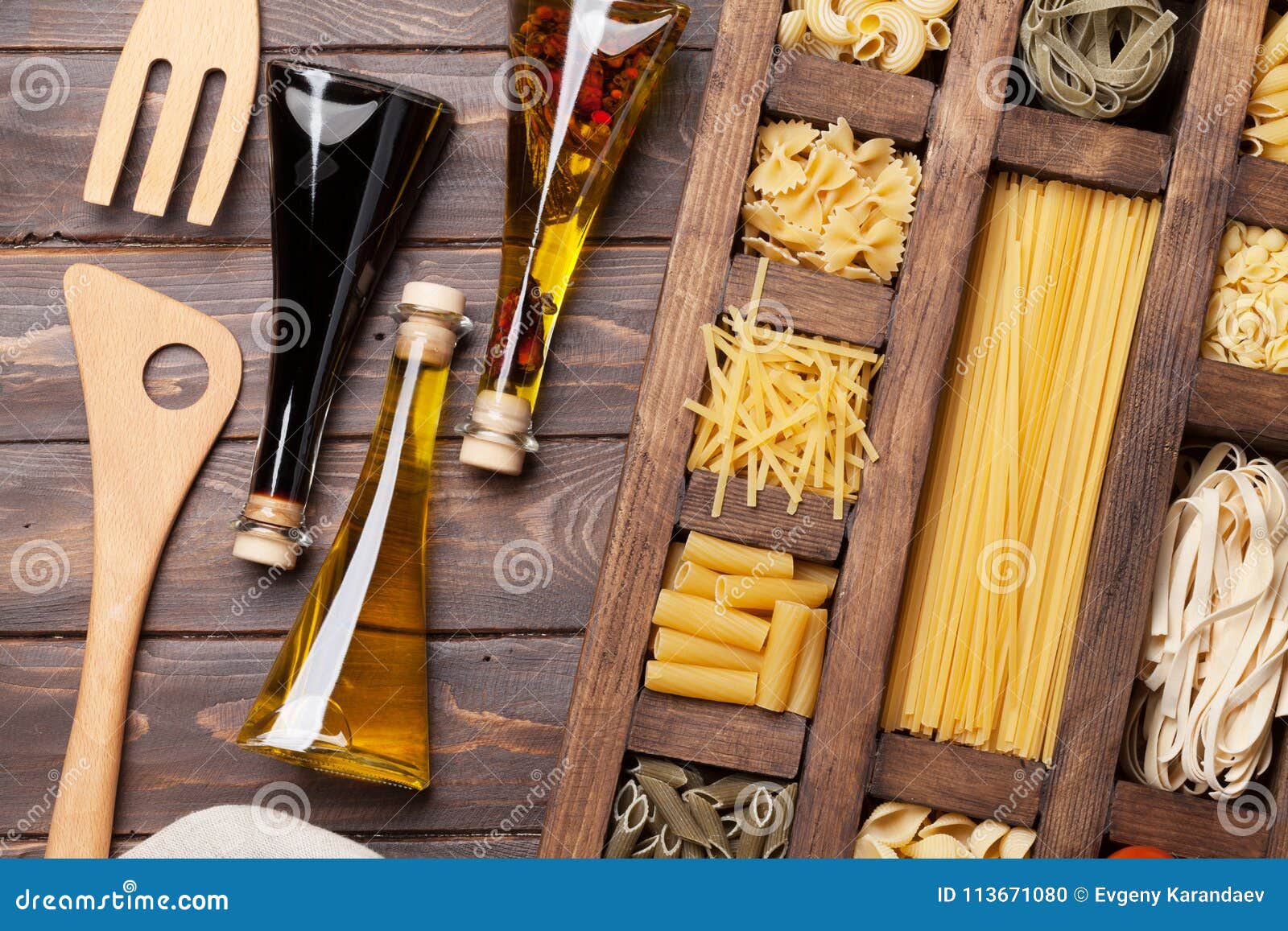 Various Pasta and Condiments Stock Photo - Image of penne, types: 113671080