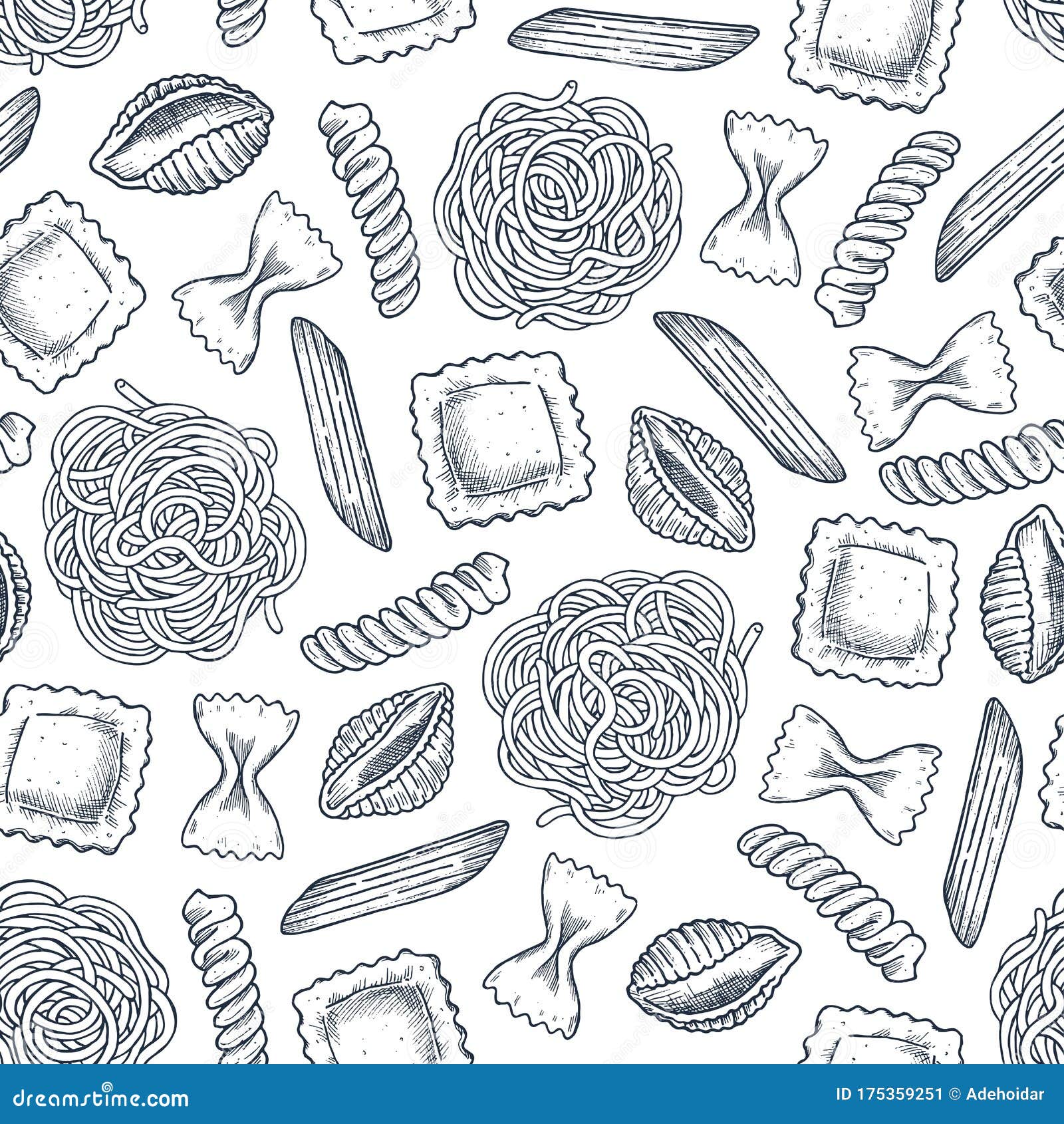 Various Pasta Seamless Pattern. Engraved Style Illustration. Different ...