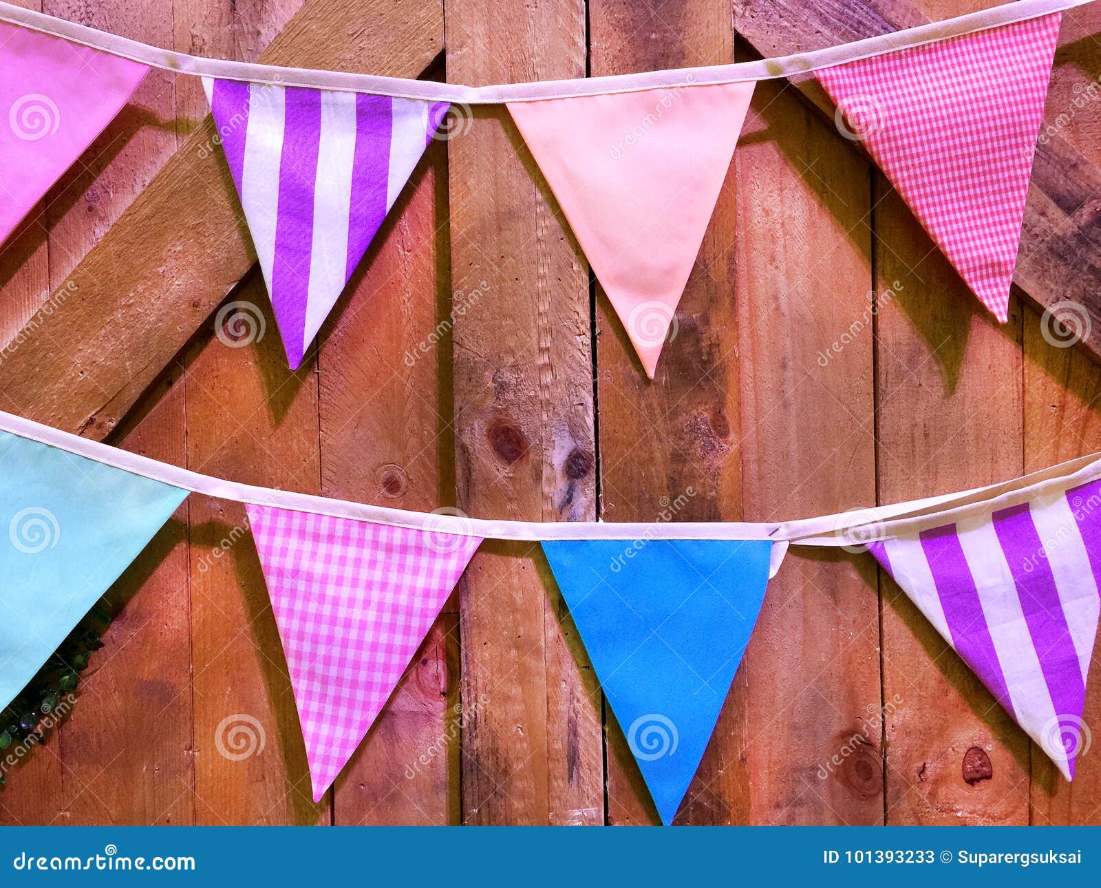 Various Patterned Triangular Flags on Wooden Planks Stock Image - Image ...