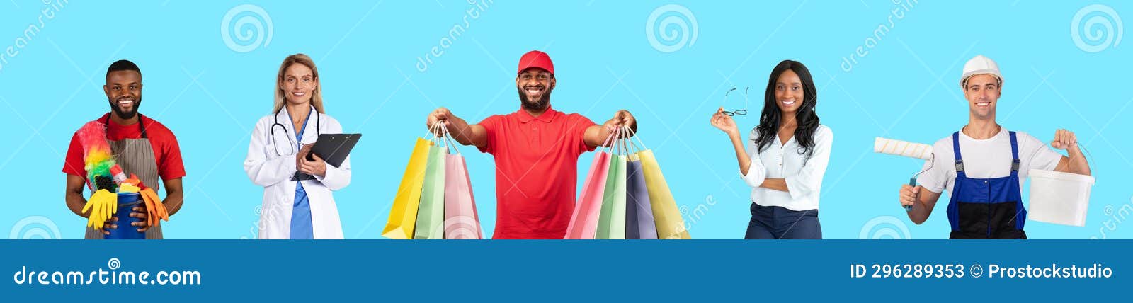 Various People of Different Professions Posing Together on Blue ...