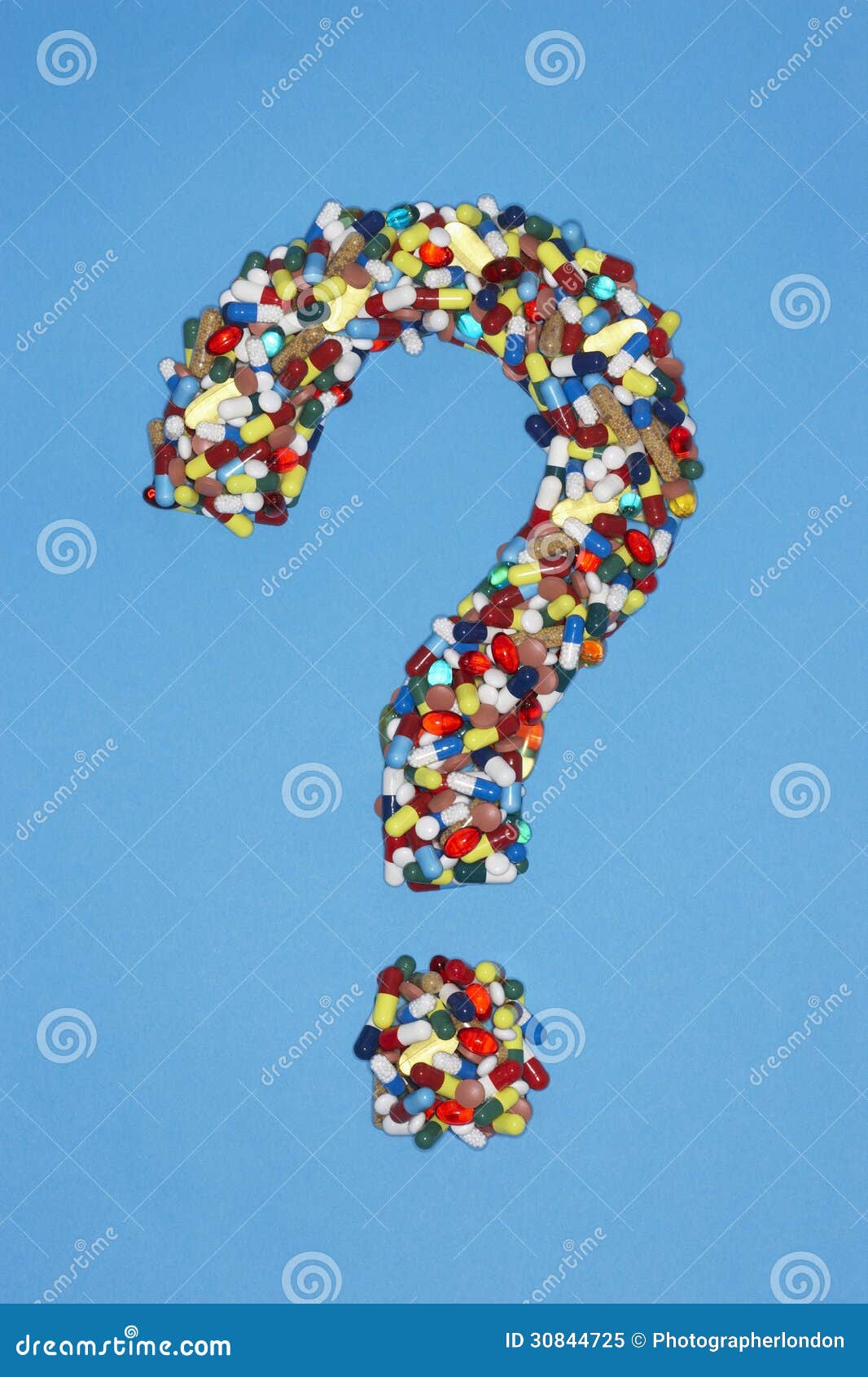 Various Pills Forming Question Mark on Blue Background Stock Image ...