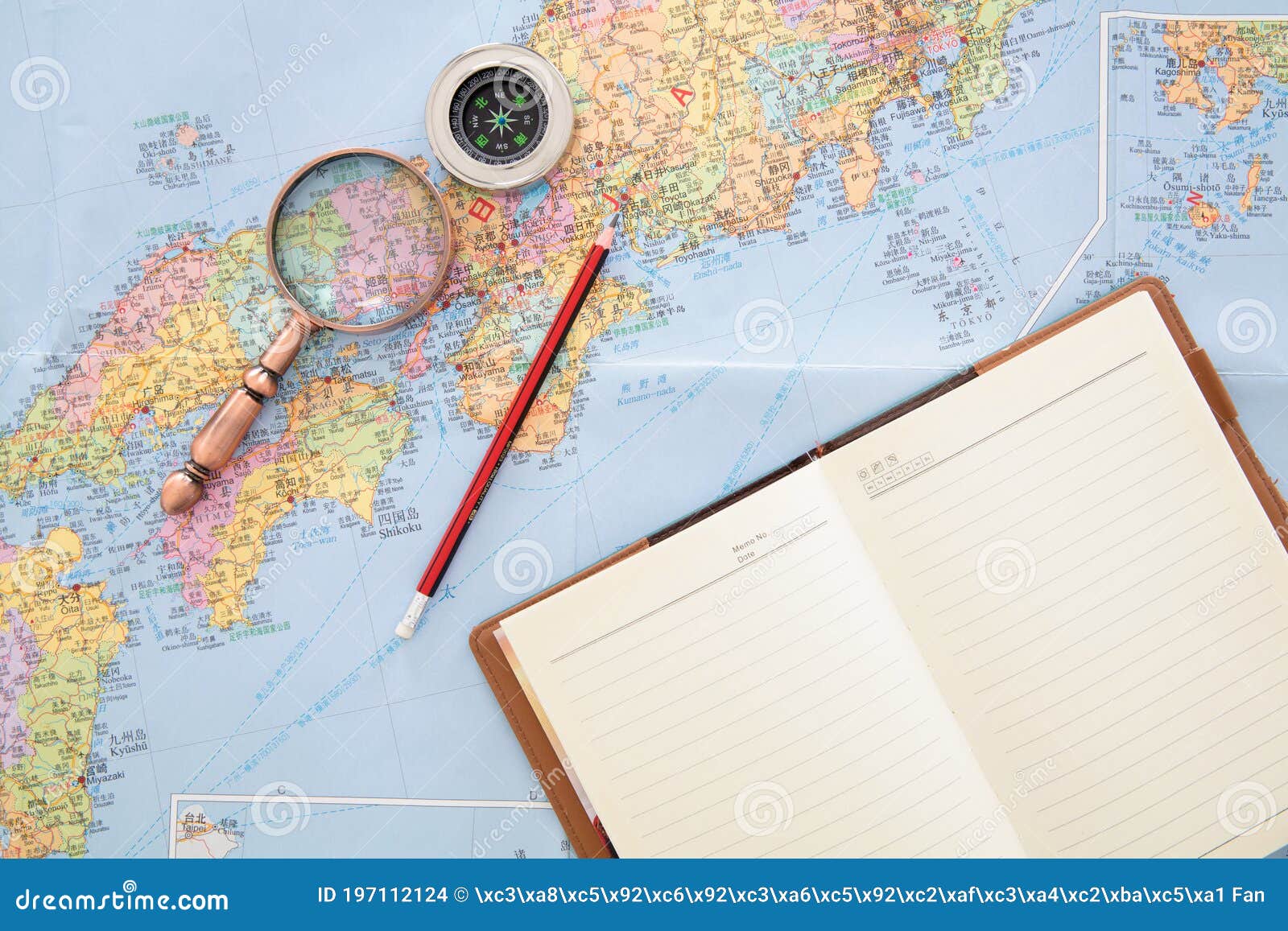 Various Planning Tools on the Map of Japan Stock Photo - Image of life ...