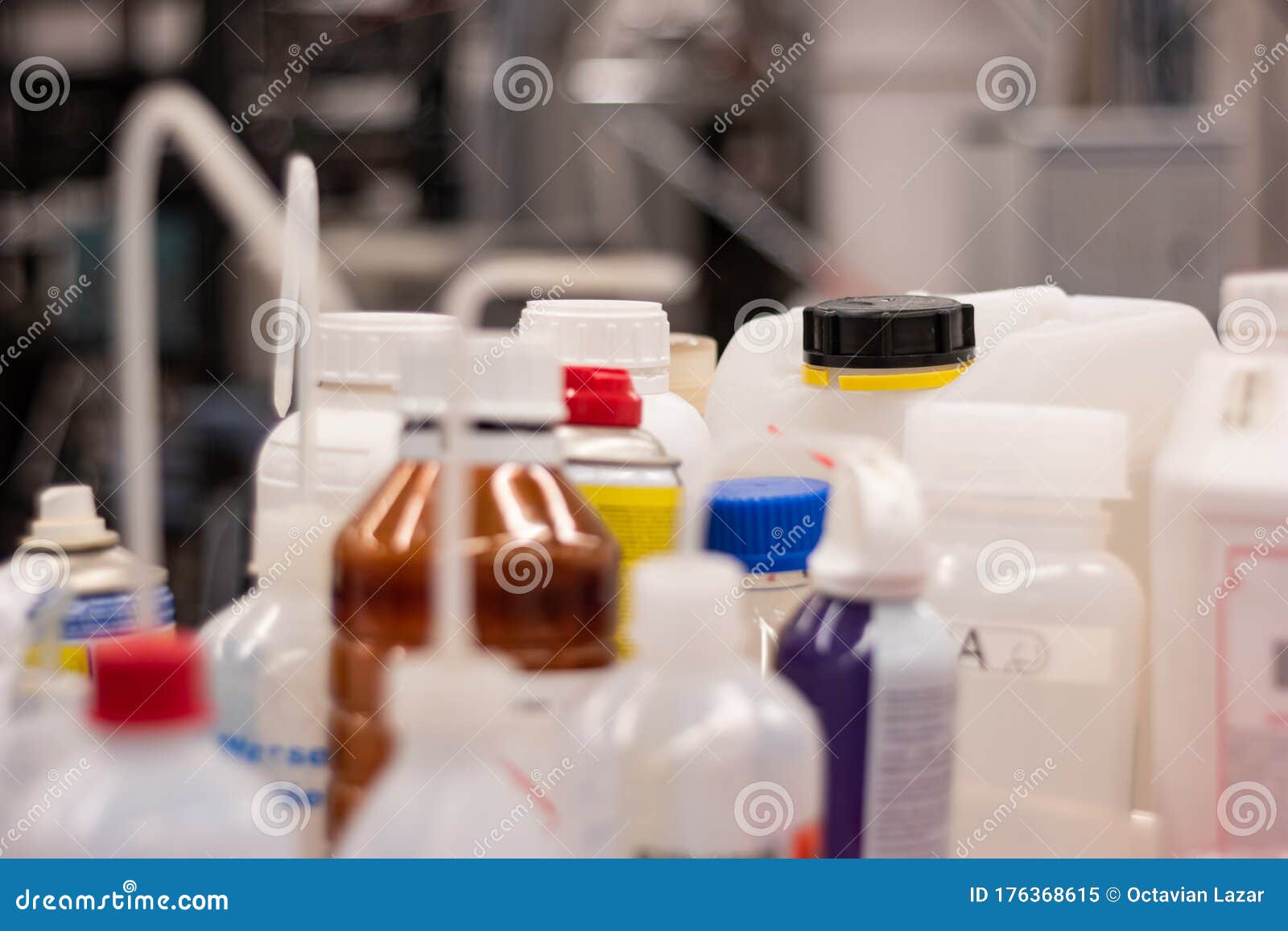 Various Plastic Bottle Chemical Containers in a Science Laboratory ...