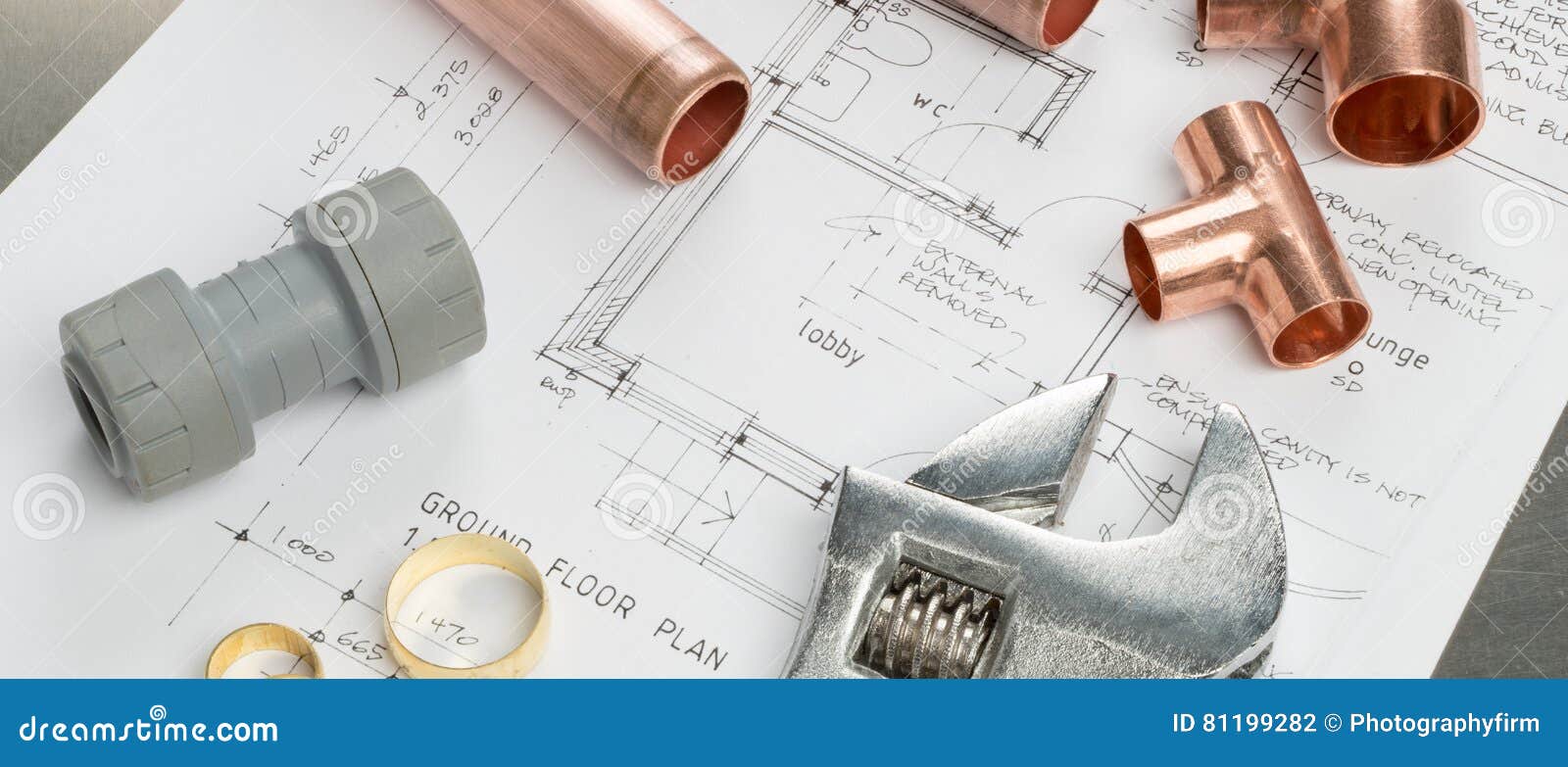 Various Plumbers Tools and Plumbing Materials on Architectural P Stock ...