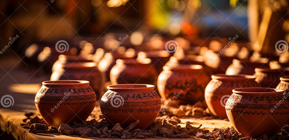 Various Pots Arranged on the Ground. a Bunch of Pots that are Sitting ...