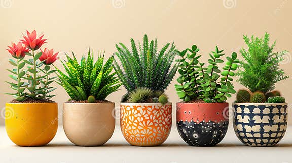 Various Potted Plants in Different Colored Pots are Illustrated Against ...