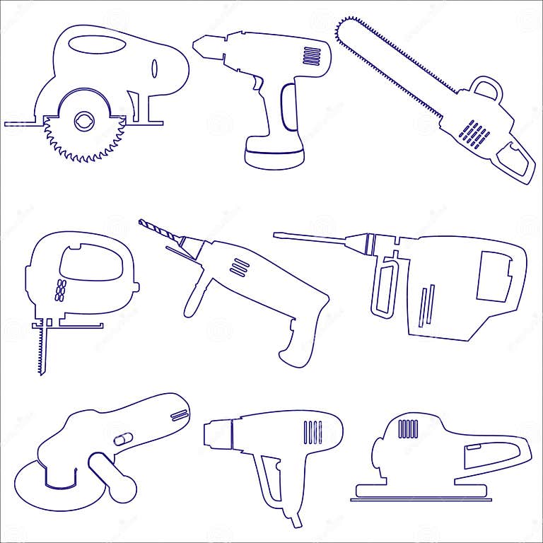 Various Power Tools Outline Icons Set Stock Vector - Illustration of ...