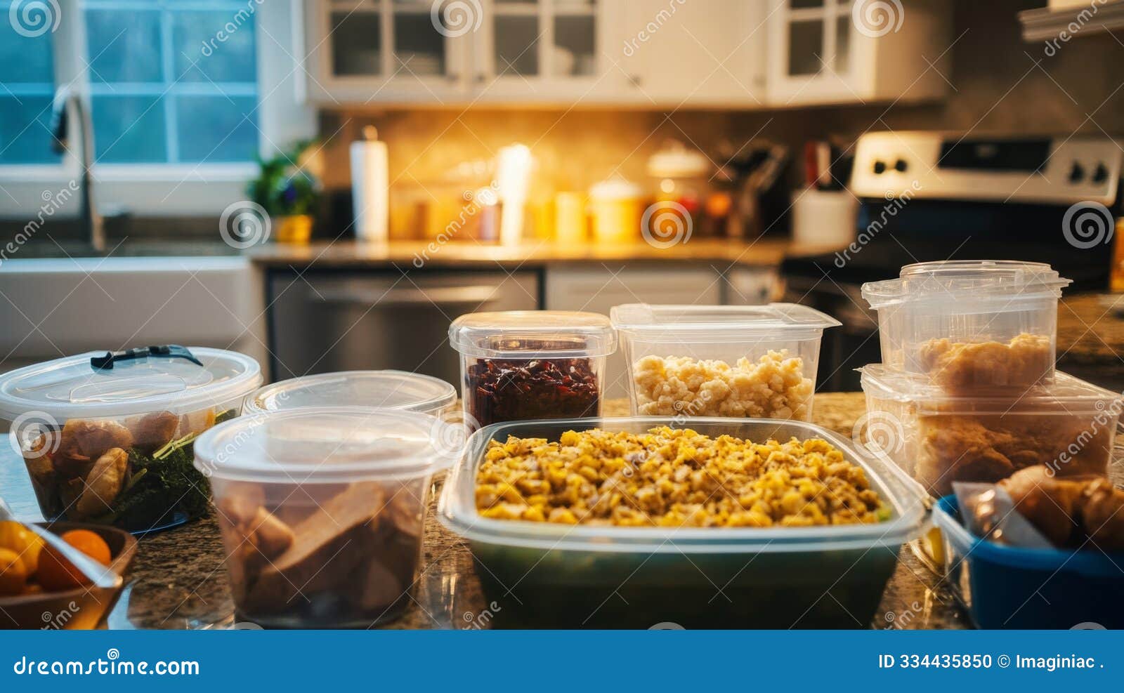 Various Prepared Foods in Plastic Containers on a Kitchen Counter Stock ...
