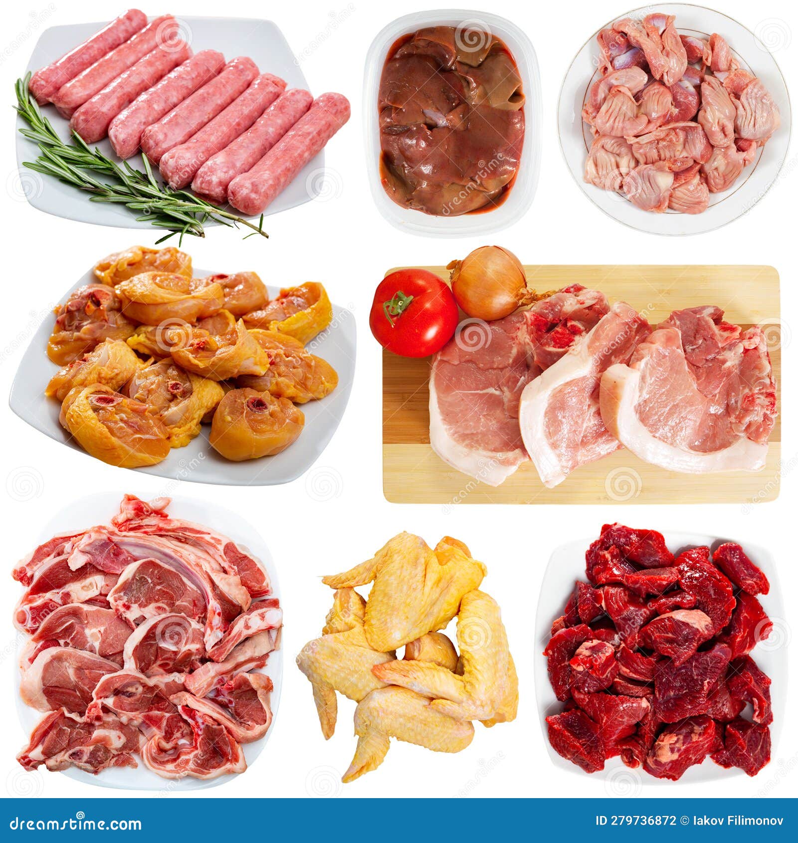 Various Raw Meat Products Isolated on White Background Stock Photo ...