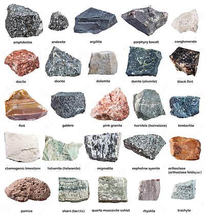Various Raw Rocks with Names Isolated on White Stock Image - Image of ...