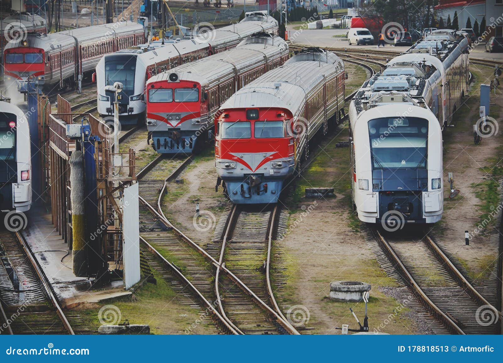 Various Red and Blue Trains Standing on Rails Stock Image - Image of ...