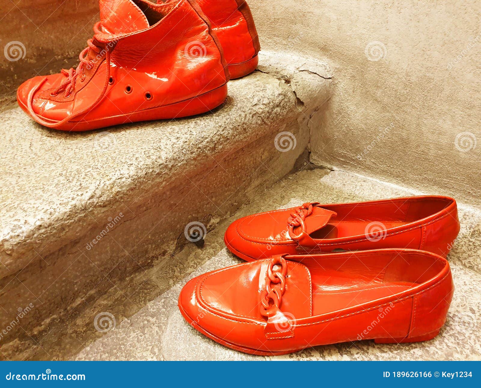 Various Red Women`s Shoes on the Steps Stock Photo - Image of sneakers ...