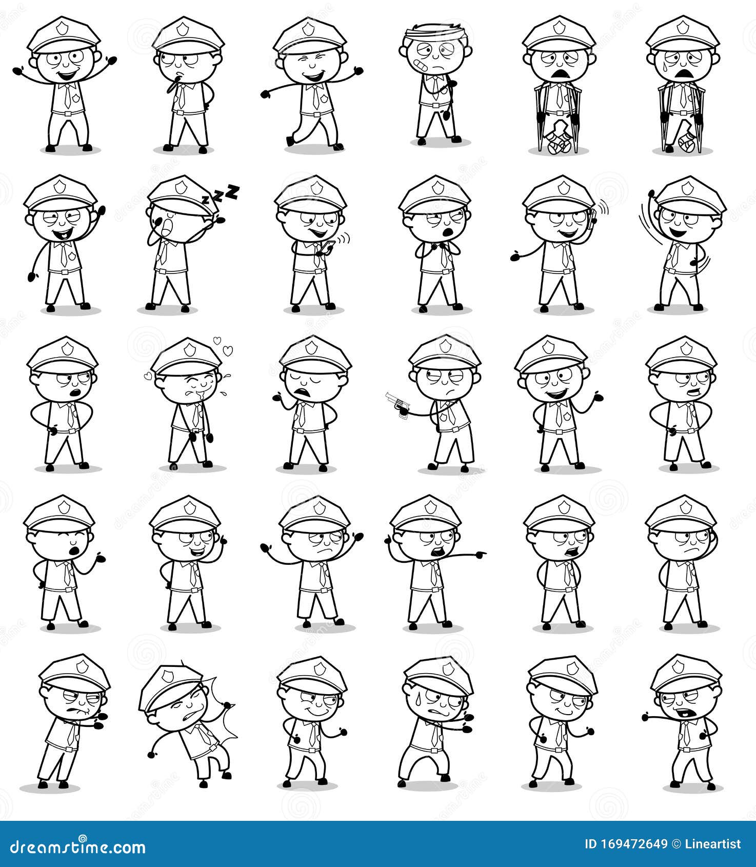 Various Retro Policeman Cop Poses - Set Of Concepts Vector ...