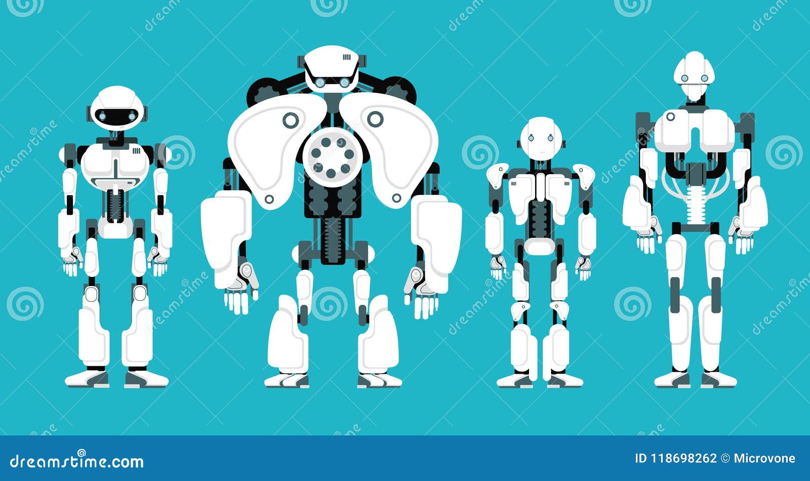 Various Robot Androids. Cute Cartoon Futuristic Humanoid Characters Set ...
