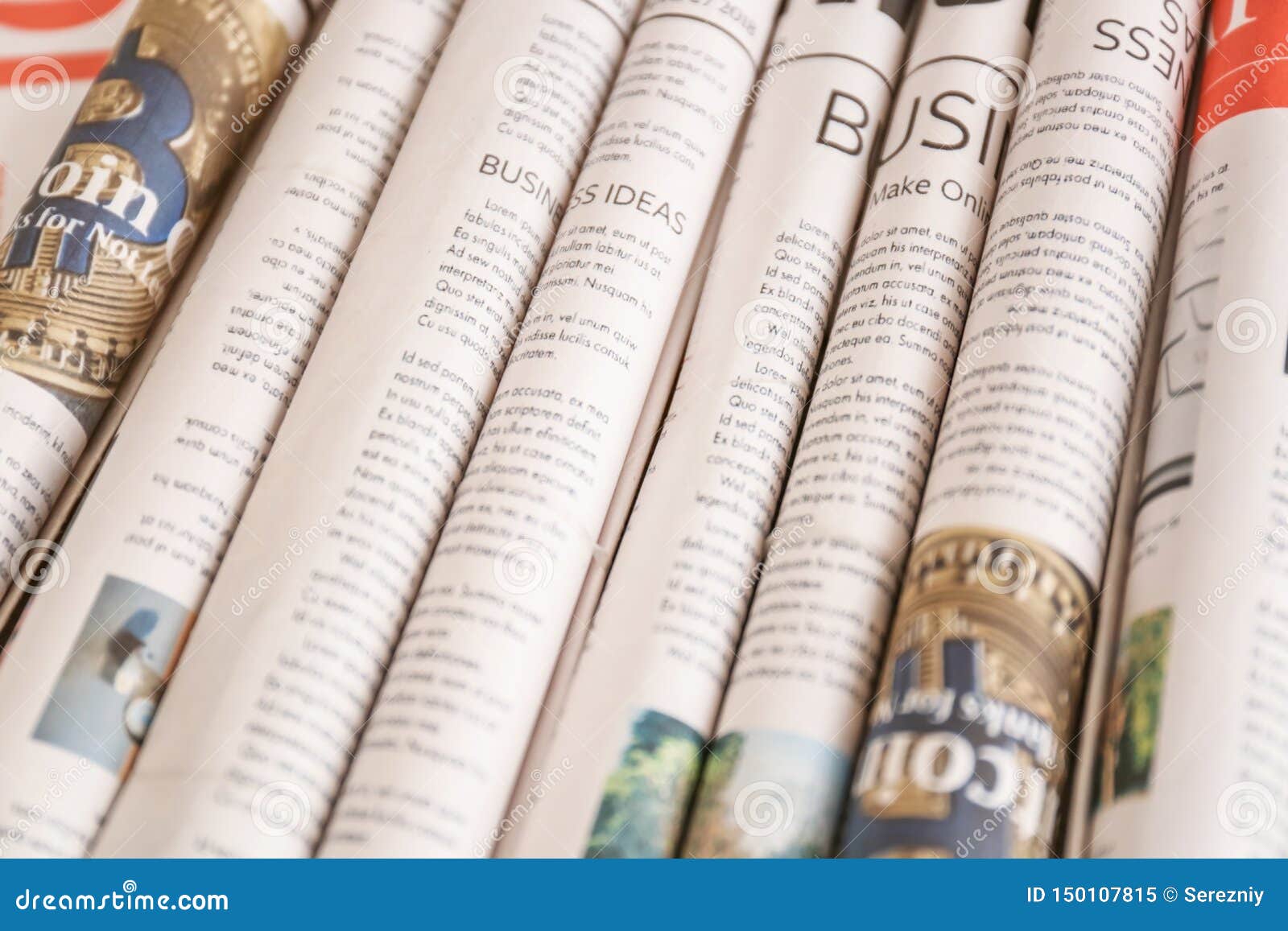 Various Rolled Newspapers, Closeup Stock Image - Image of advertisement ...