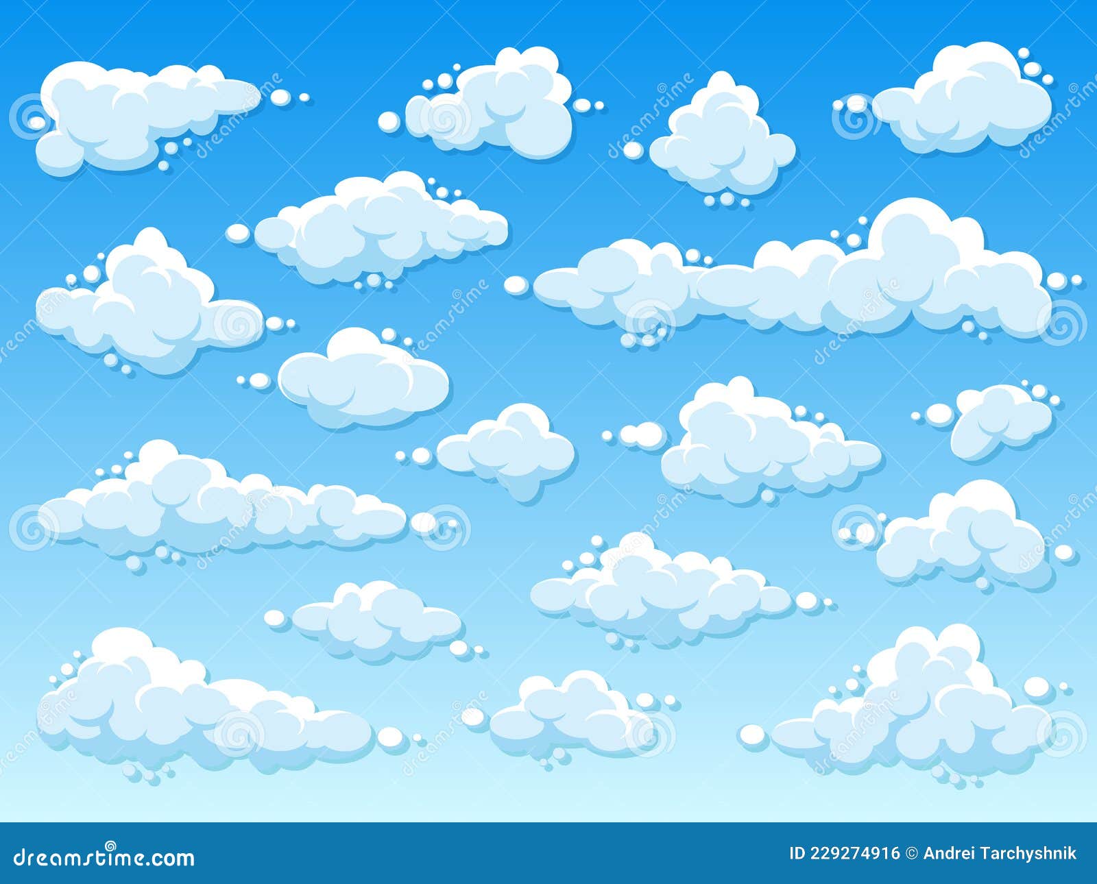 Various Round Clouds with Shadow on Blue Gradient Background. Summer ...