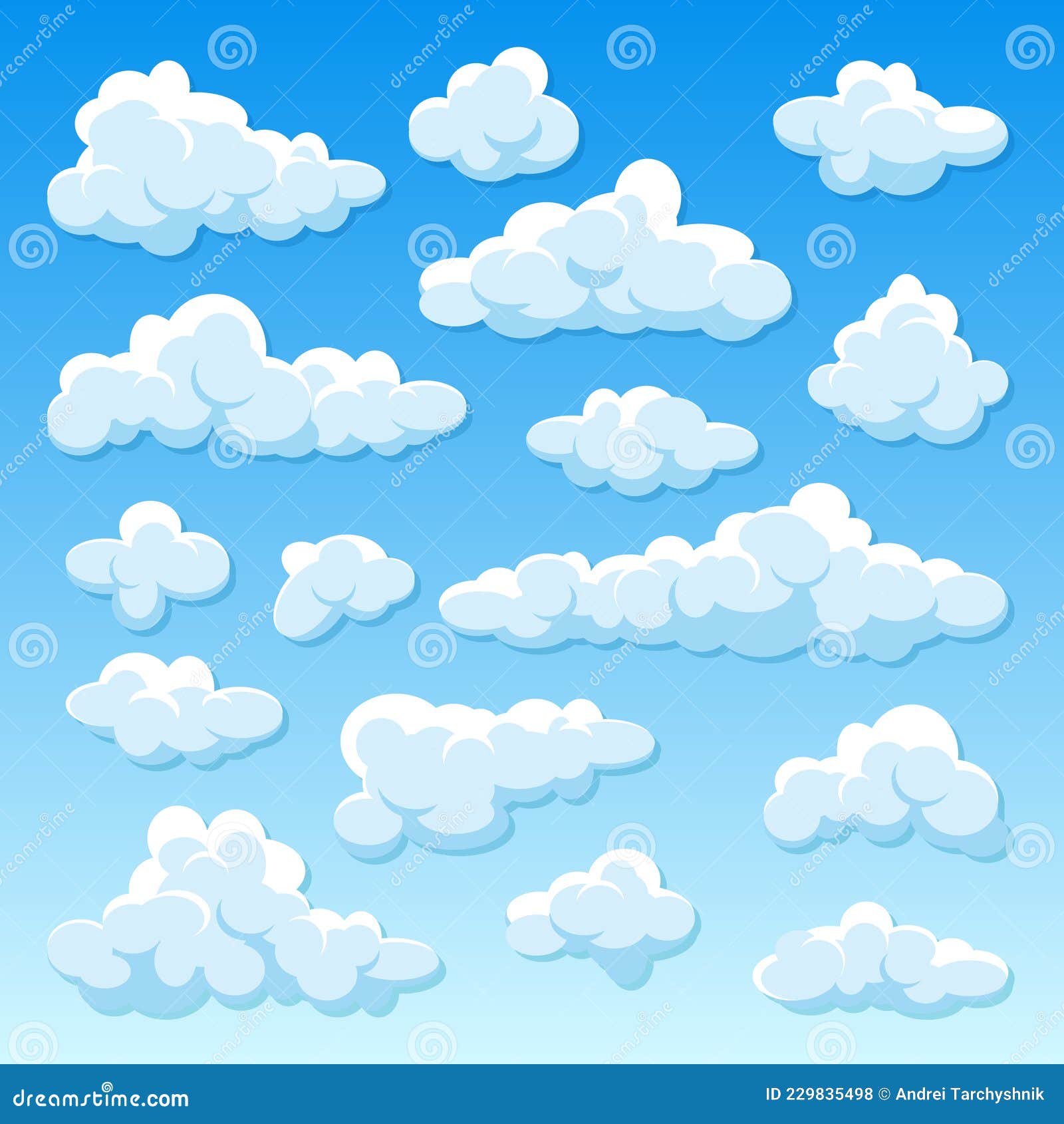 Various Round Clouds with Shadow on Blue Gradient Background. Summer ...