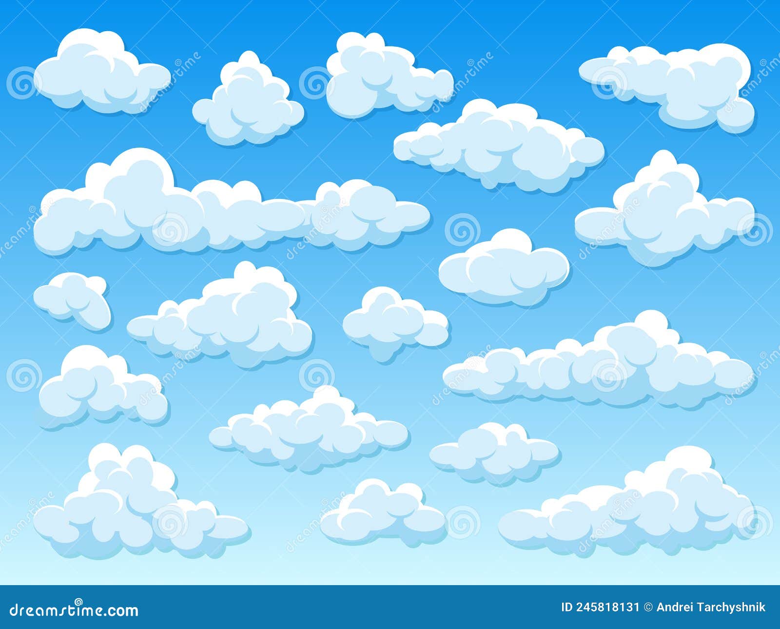 Various Round Clouds with Shadow on Blue Gradient Background. Summer ...