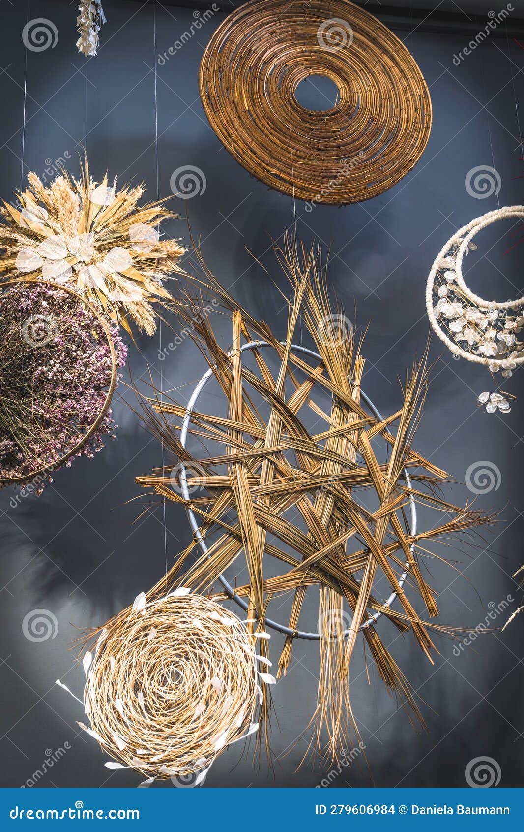 Various Round Decorative Objects Made from Natural Materials Hanging ...