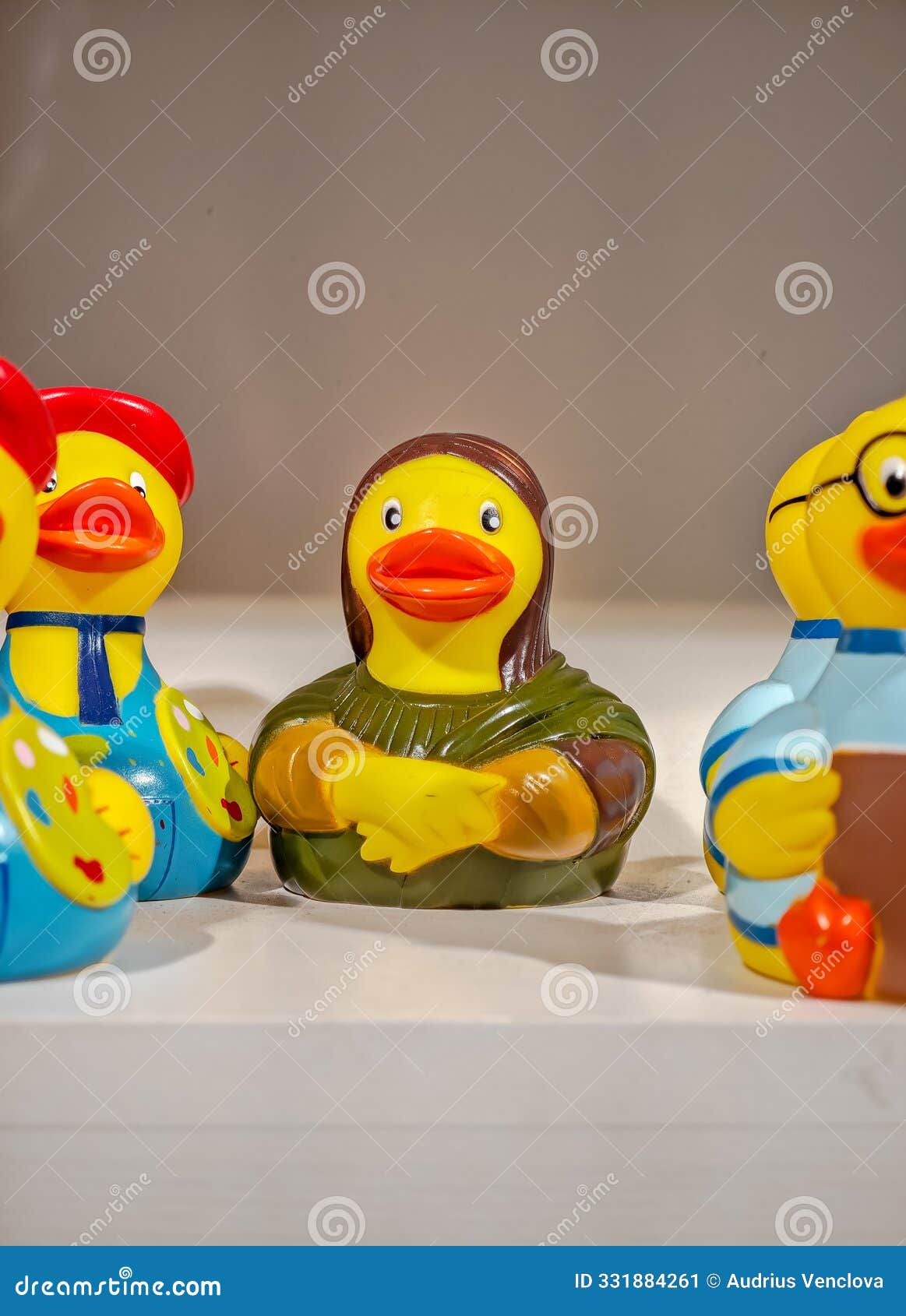Various Rubber Ducks, Close-up Plastic Bath Ducks with Mona Lisa Look ...