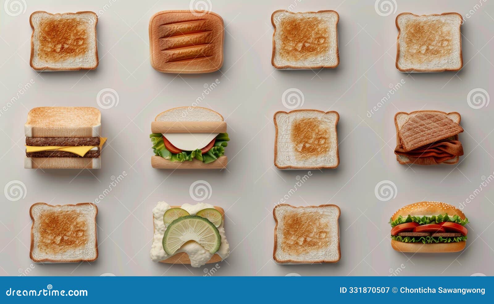 Various Sandwiches and Slices of Bread with Different Toppings Arranged ...